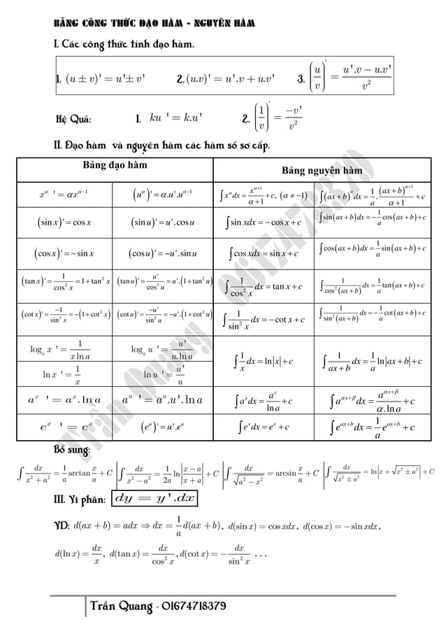 Bảng công thức tích phân + mũ lôga | PDF