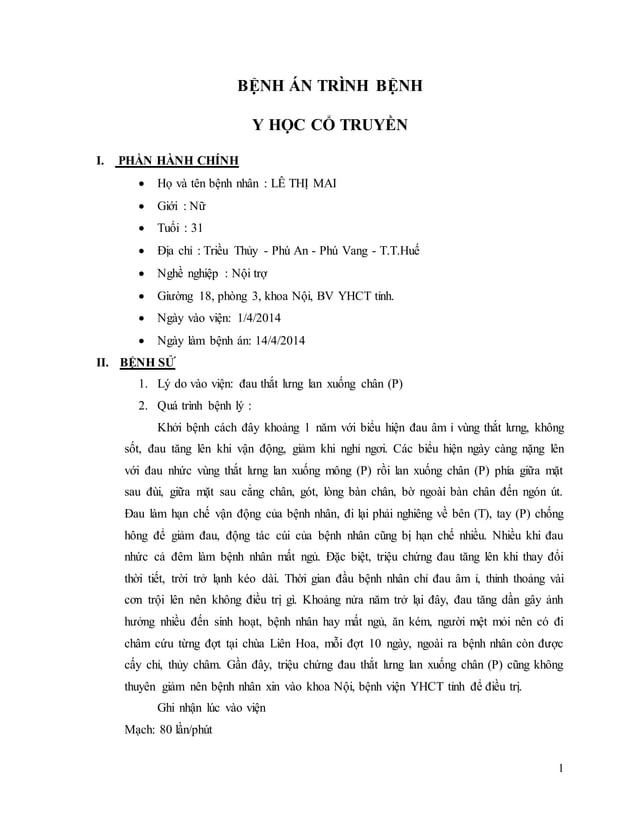 Bệnh án yhct : ĐAU THẦN KINH TOẠ | DOCX