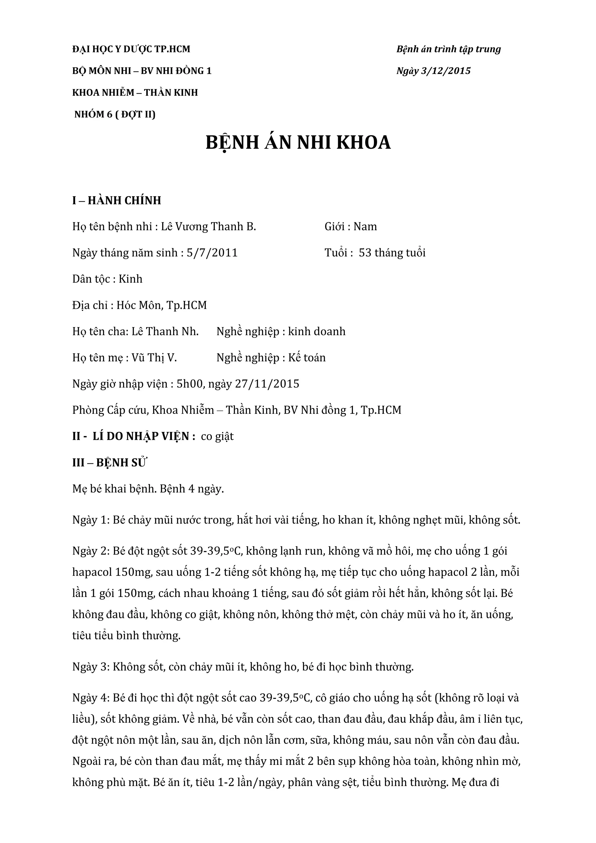 BỆnh Án Nhi Khoa Pdf