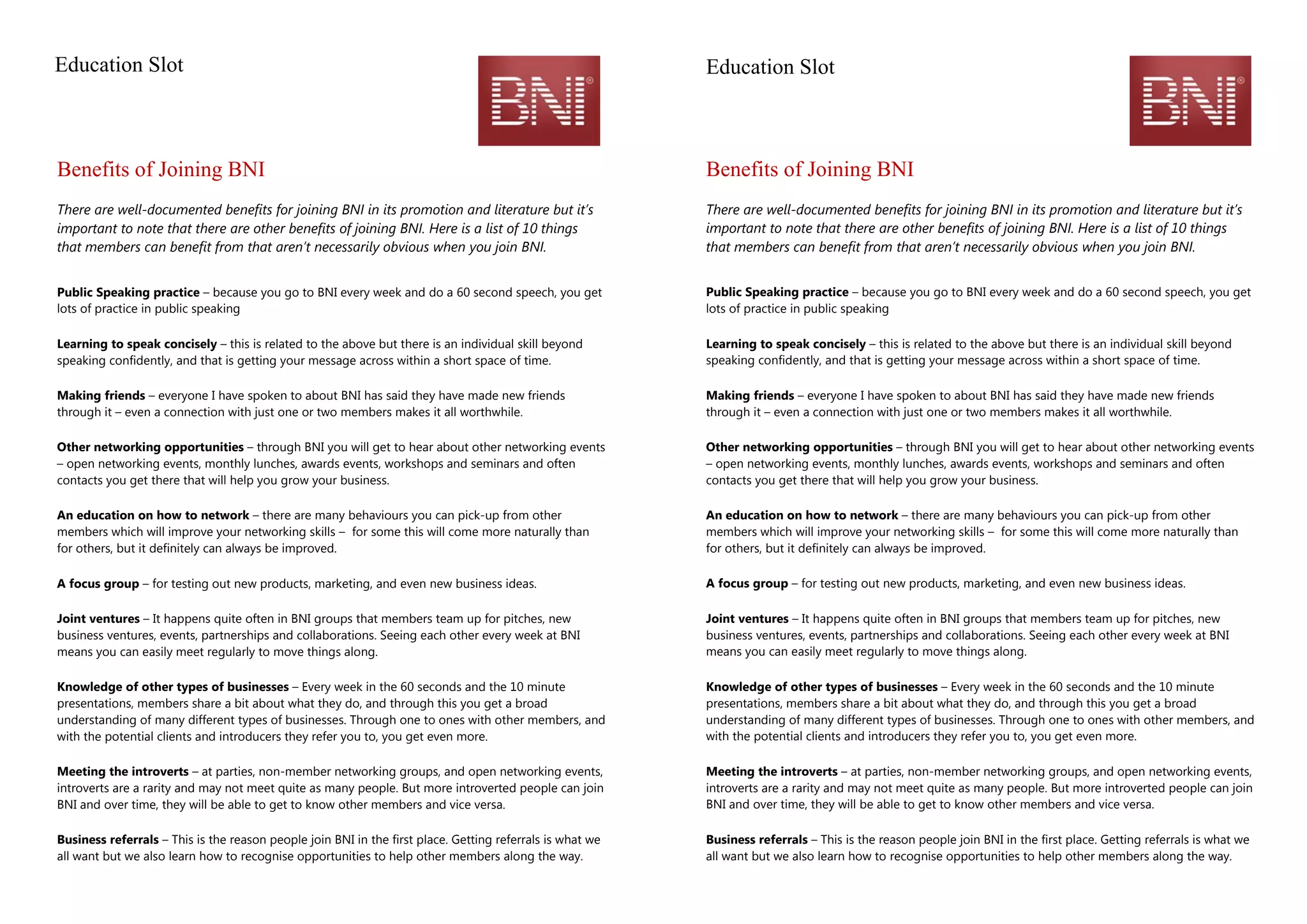 Benefits of Joining BNI | PDF
