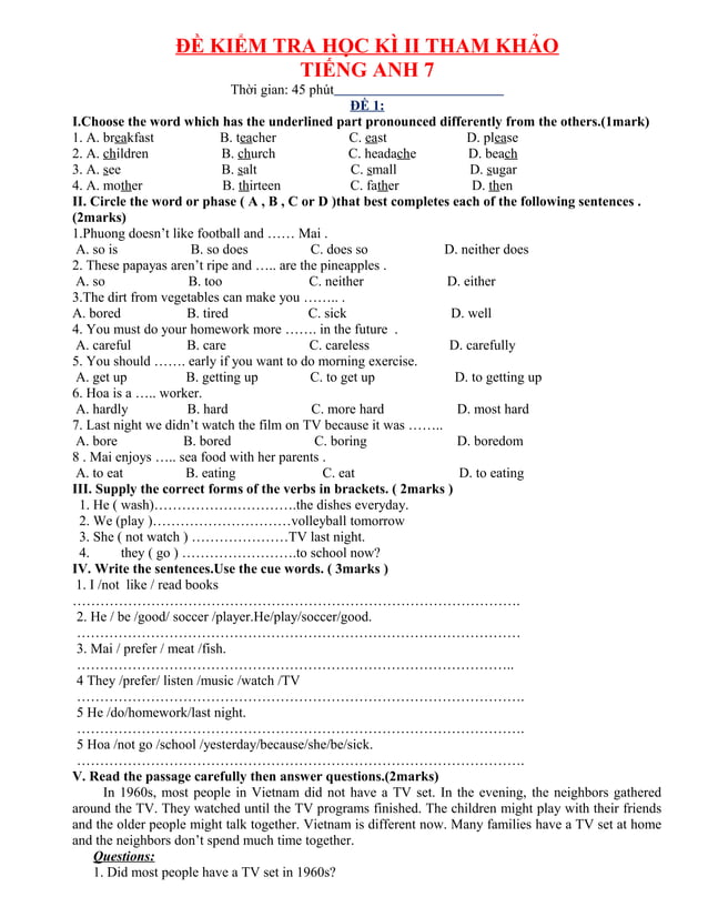 Bộ đề ôn thi hkii tiếng anh lớp 7 | DOC