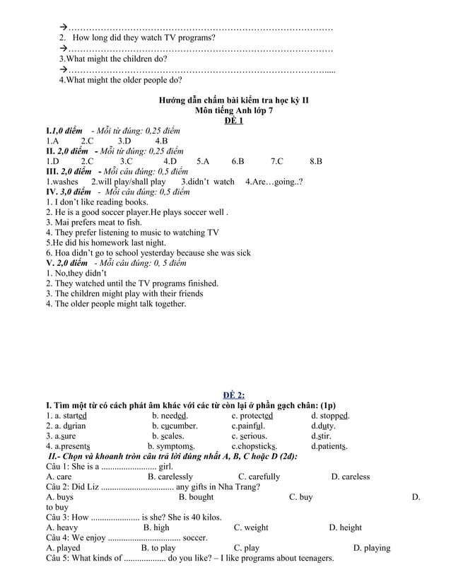 Bộ đề ôn thi hkii tiếng anh lớp 7 | DOC