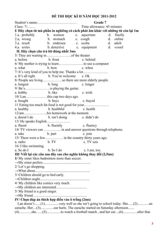 Bộ đề ôn thi hkii tiếng anh lớp 73 | PDF