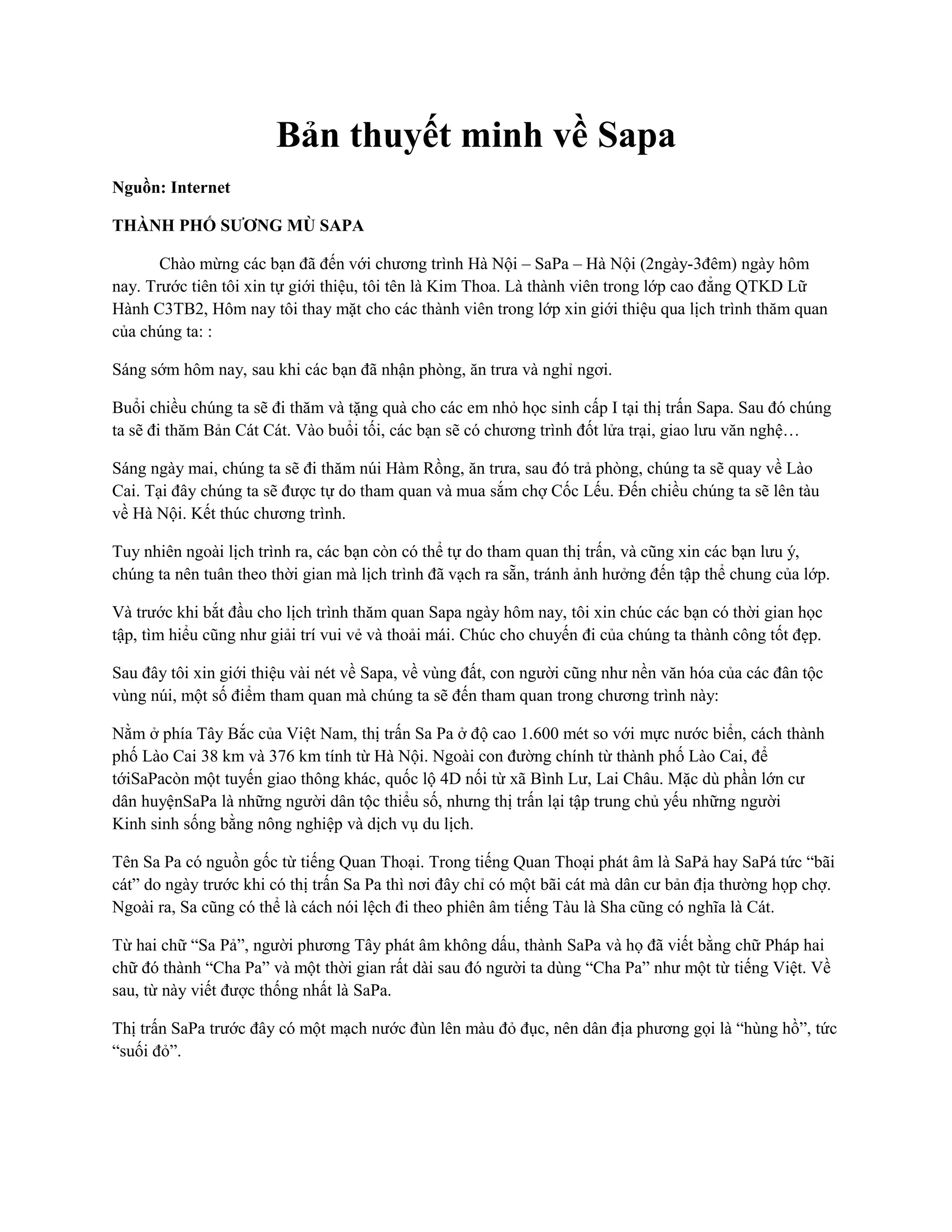 Bản thuyết minh về sapa | DOC
