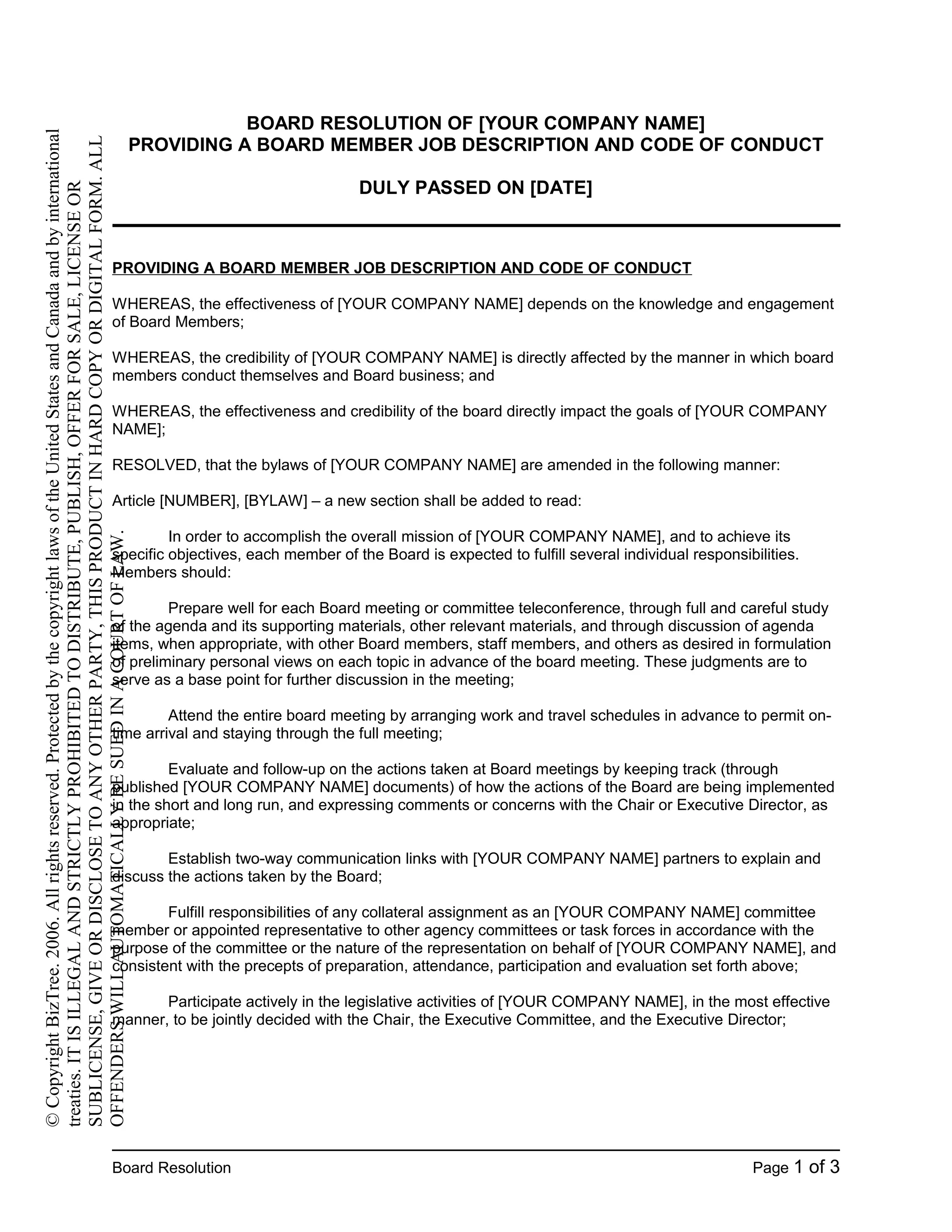Board resolution approving job description & code of conduct | DOC