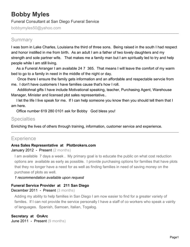 Bobby myles profile (1) Secretery | PDF