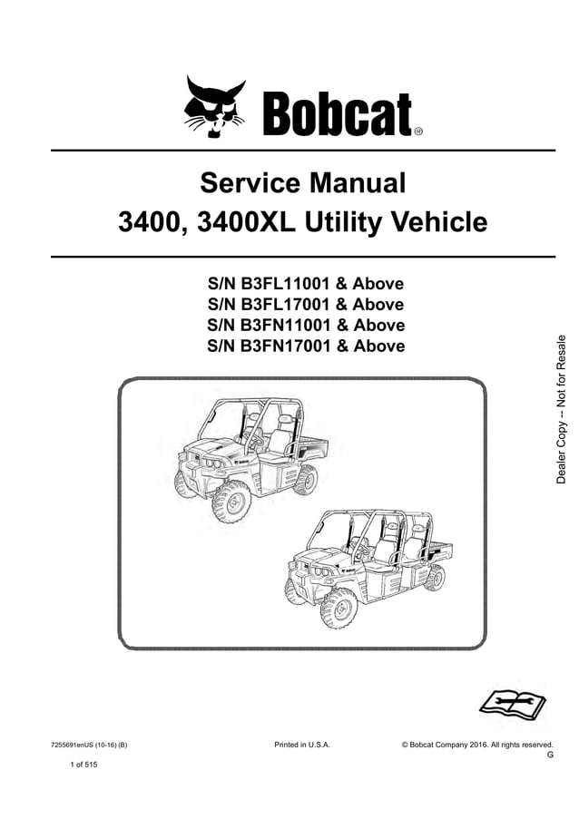 Bobcat 3400, 3400 xl utility vehicle service repair manual (sn b3fn17001 and above) | PDF