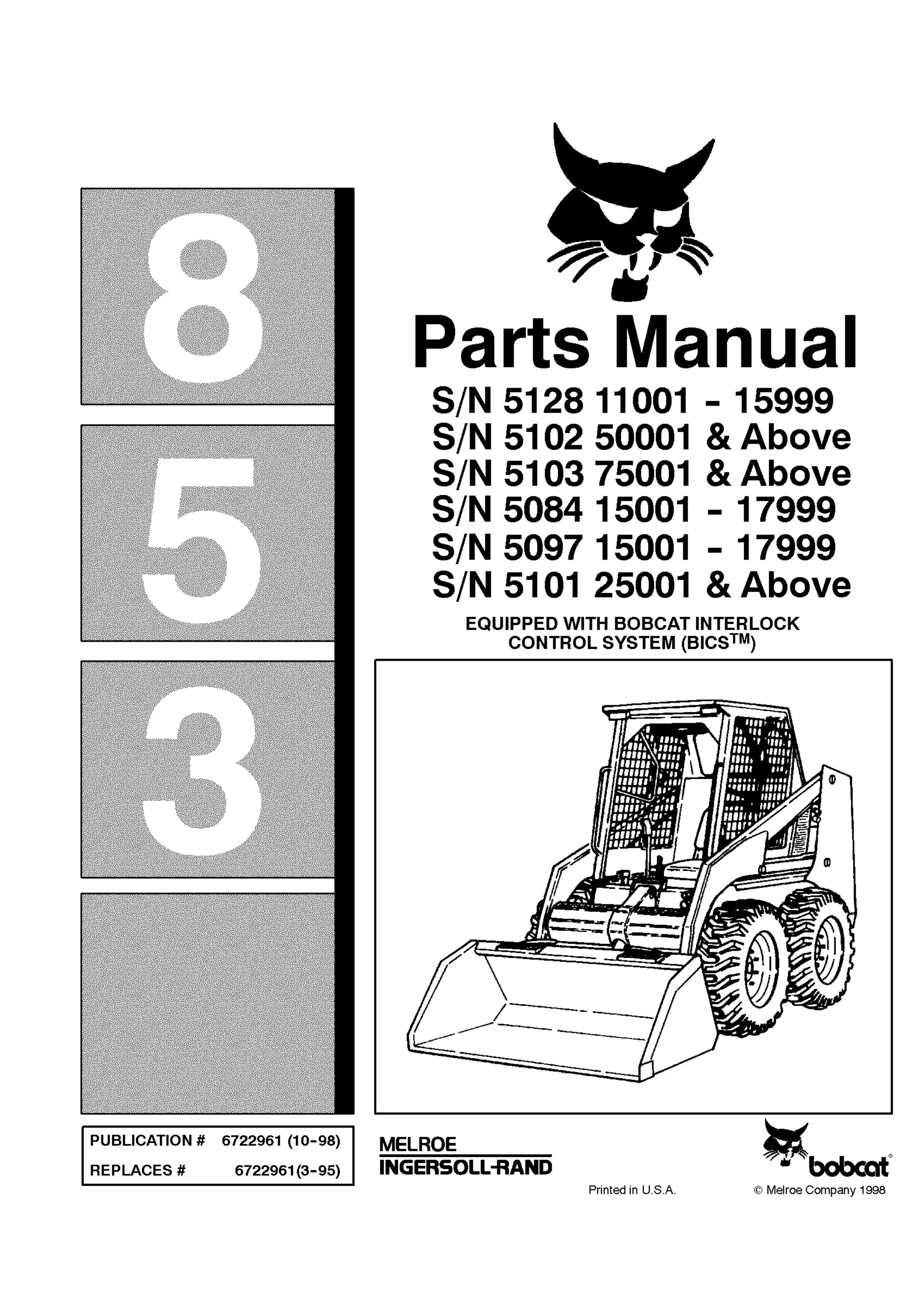 Bobcat 853 skid steer loader parts catalogue manual (sn 5102 50001 ...