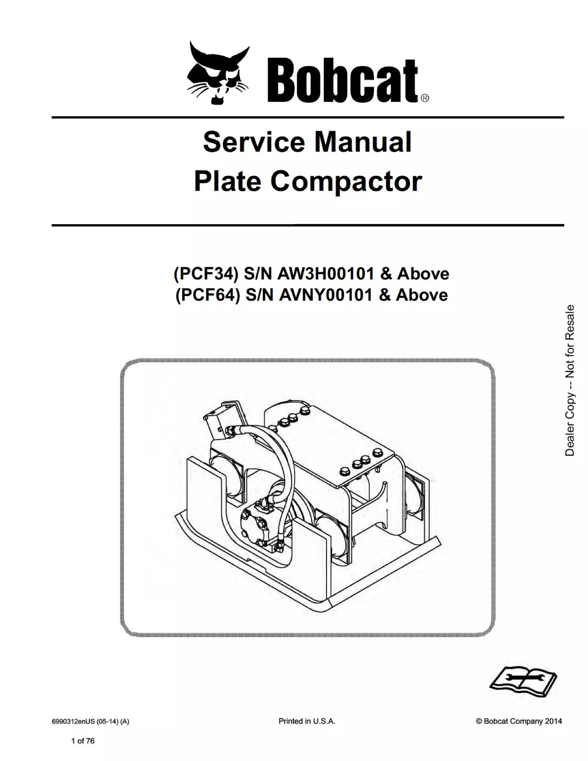 Bobcat PCF34 Plate Compactor Service Repair Manual SN AW3H00101 And ...