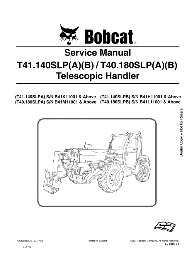 Bobcat t41.140 slpa telescopic handler service repair manual instant download sn b41k11001 and ...