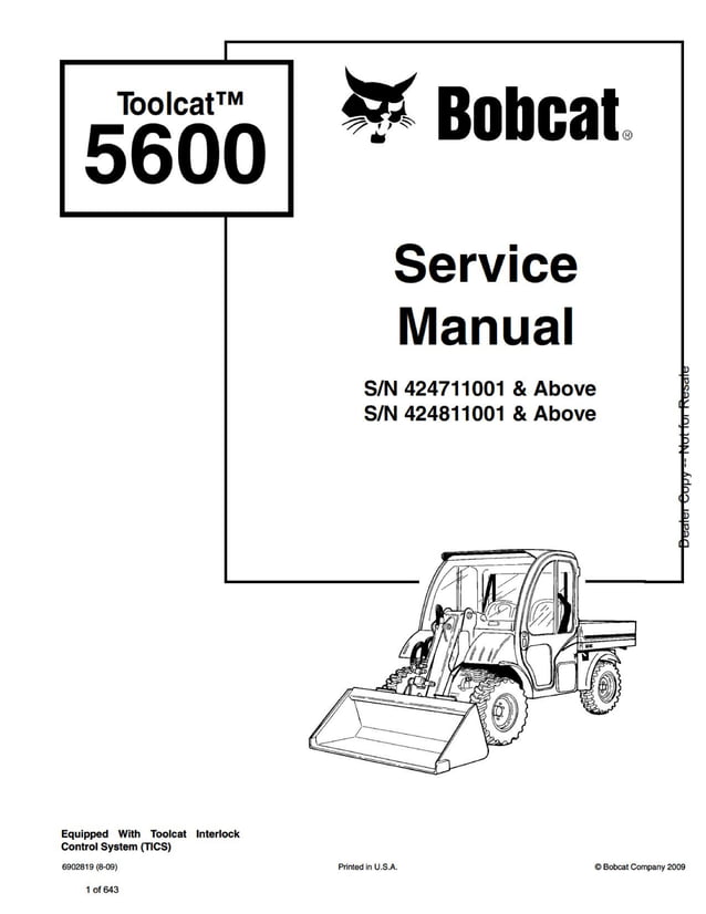Bobcat Toolcat 5600 Utility Work Machine Service Repair Manual Sn