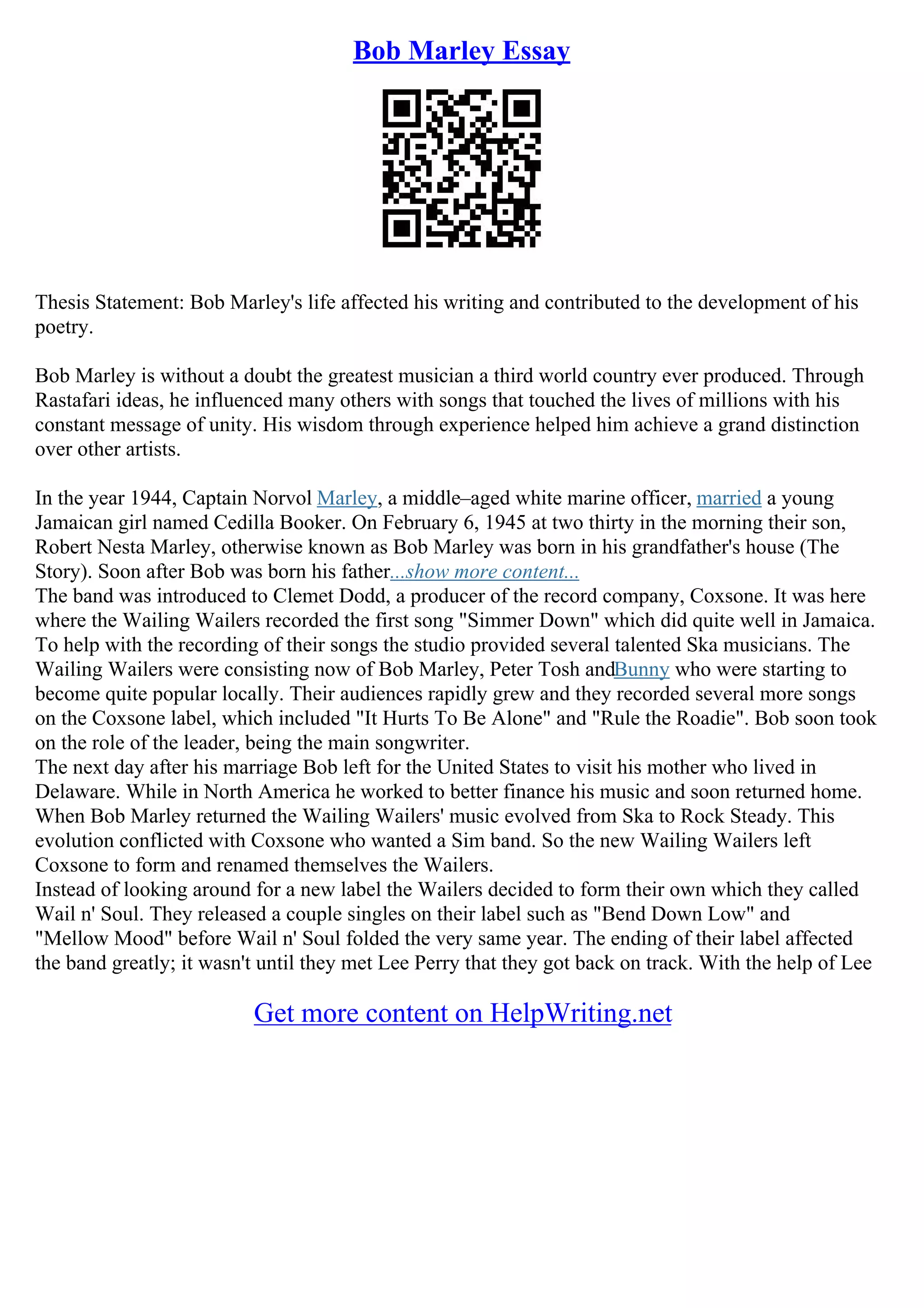 Bob Marley Biography Essay | PDF