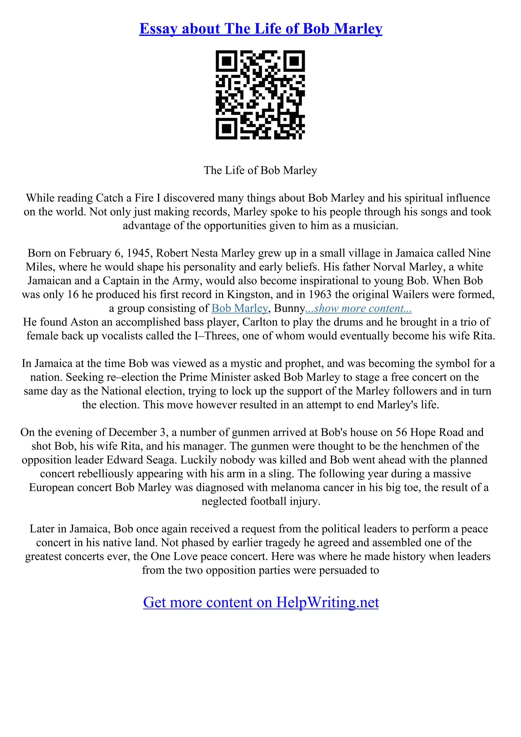 Bob Marley Biography Essay | PDF