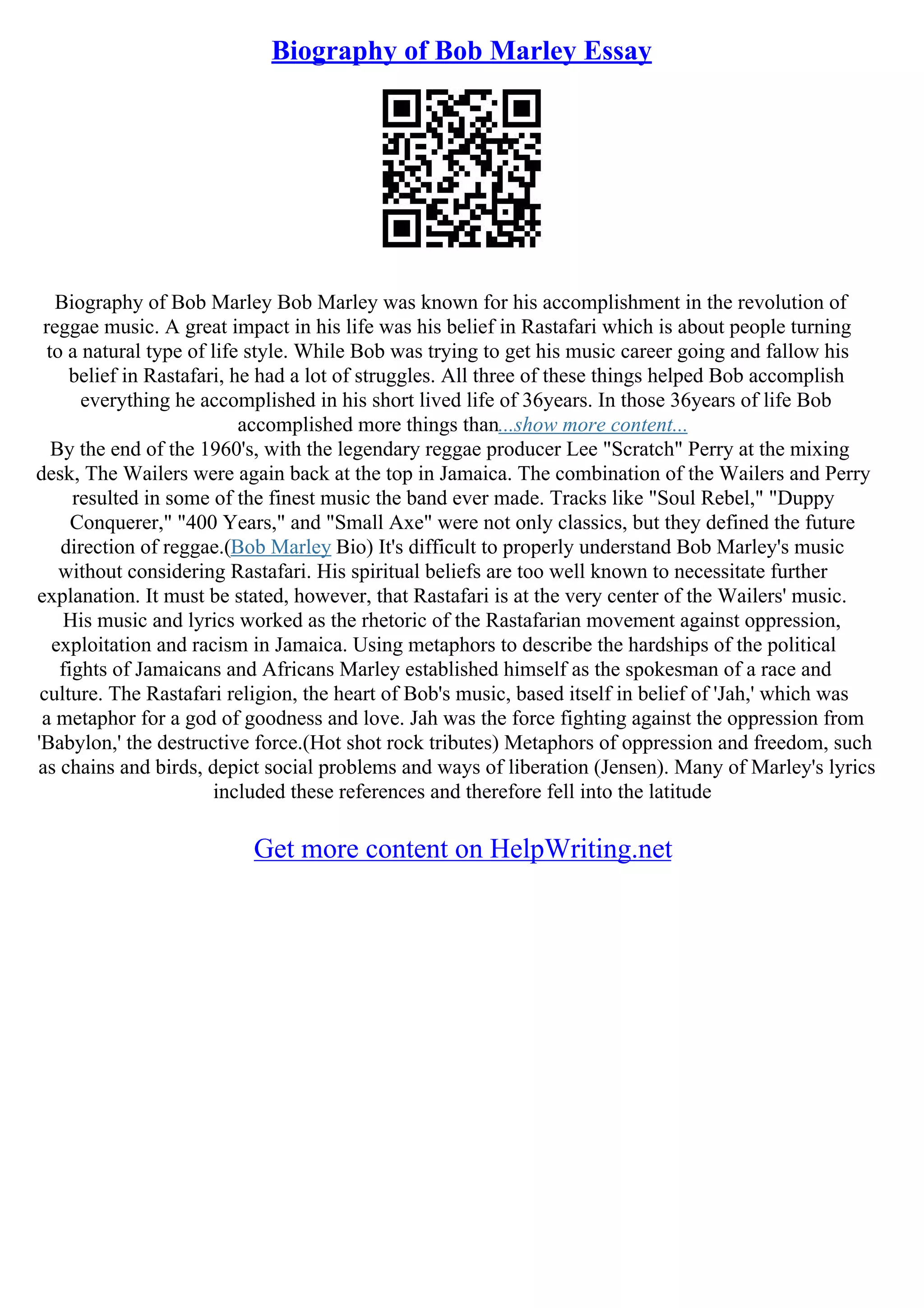 Bob Marley Biography Essay | PDF