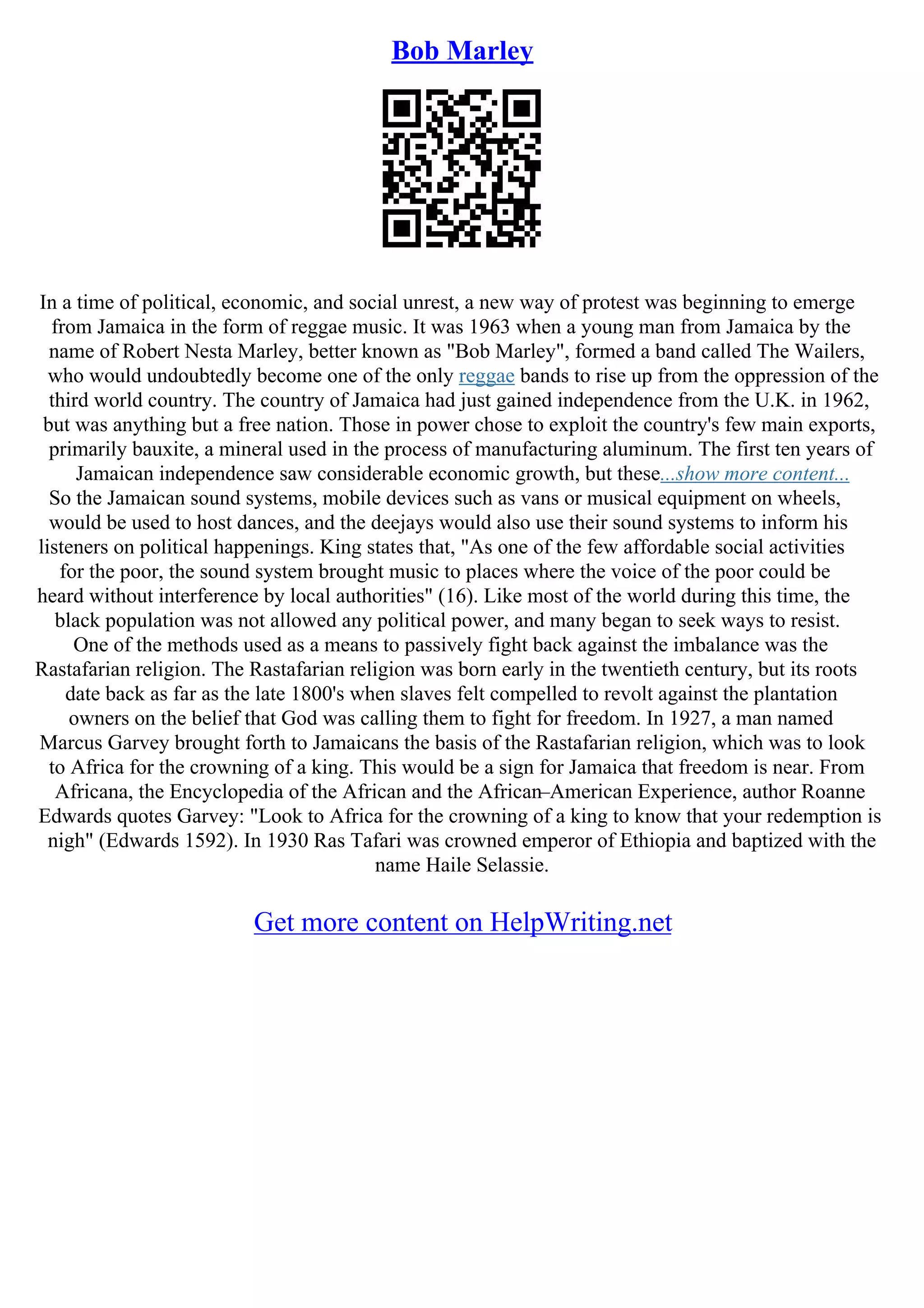 Bob Marley Biography Essay | PDF