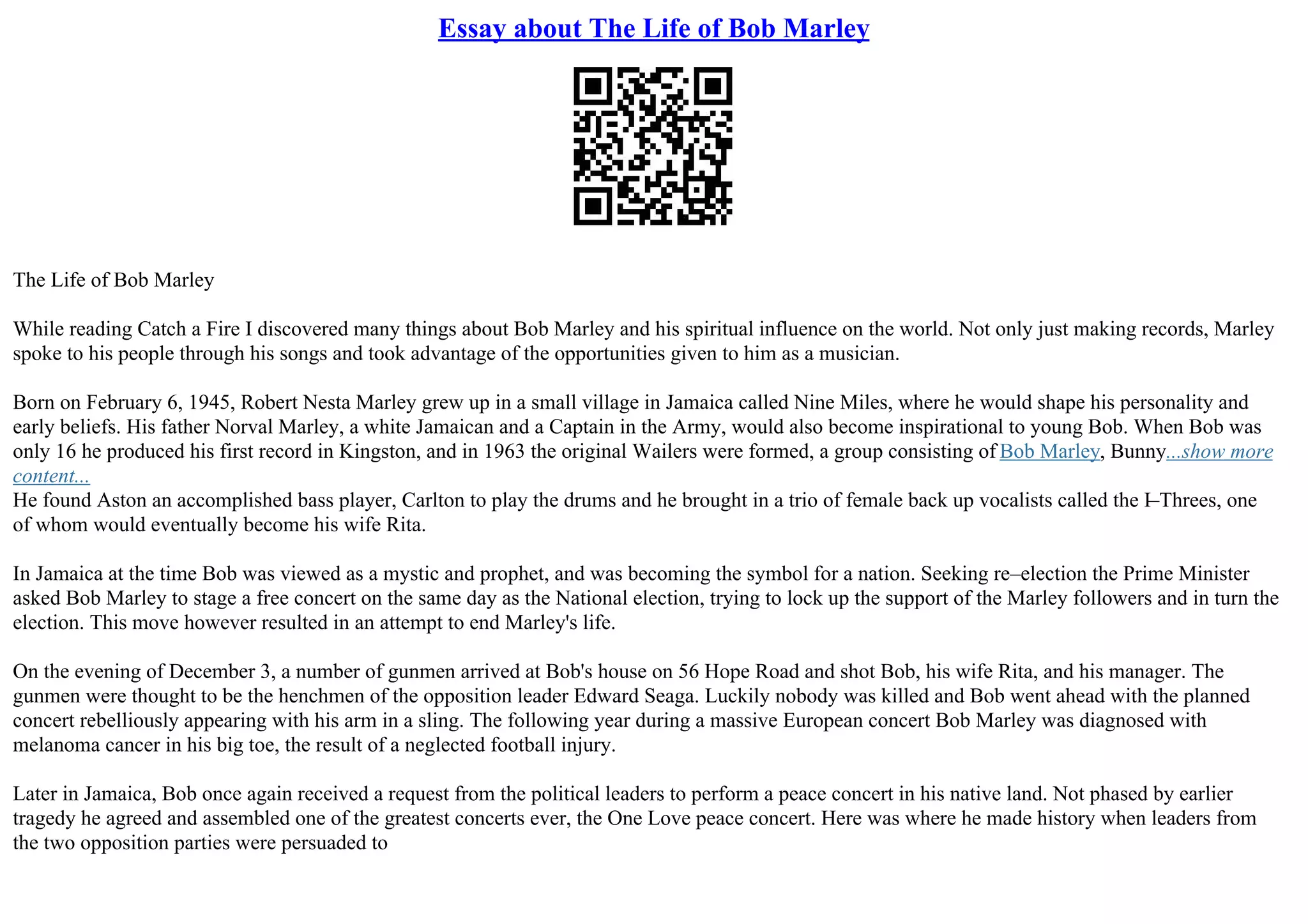 Bob Marley Essay Examples | PPT