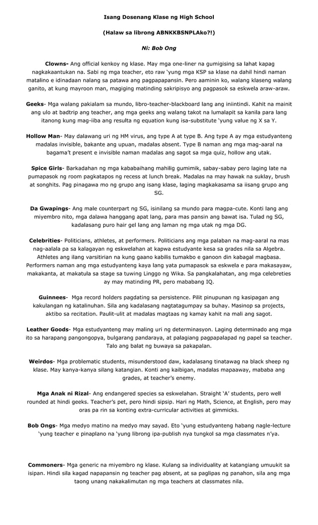 Bob ong isang dosenang uri ng estudyante | DOCX