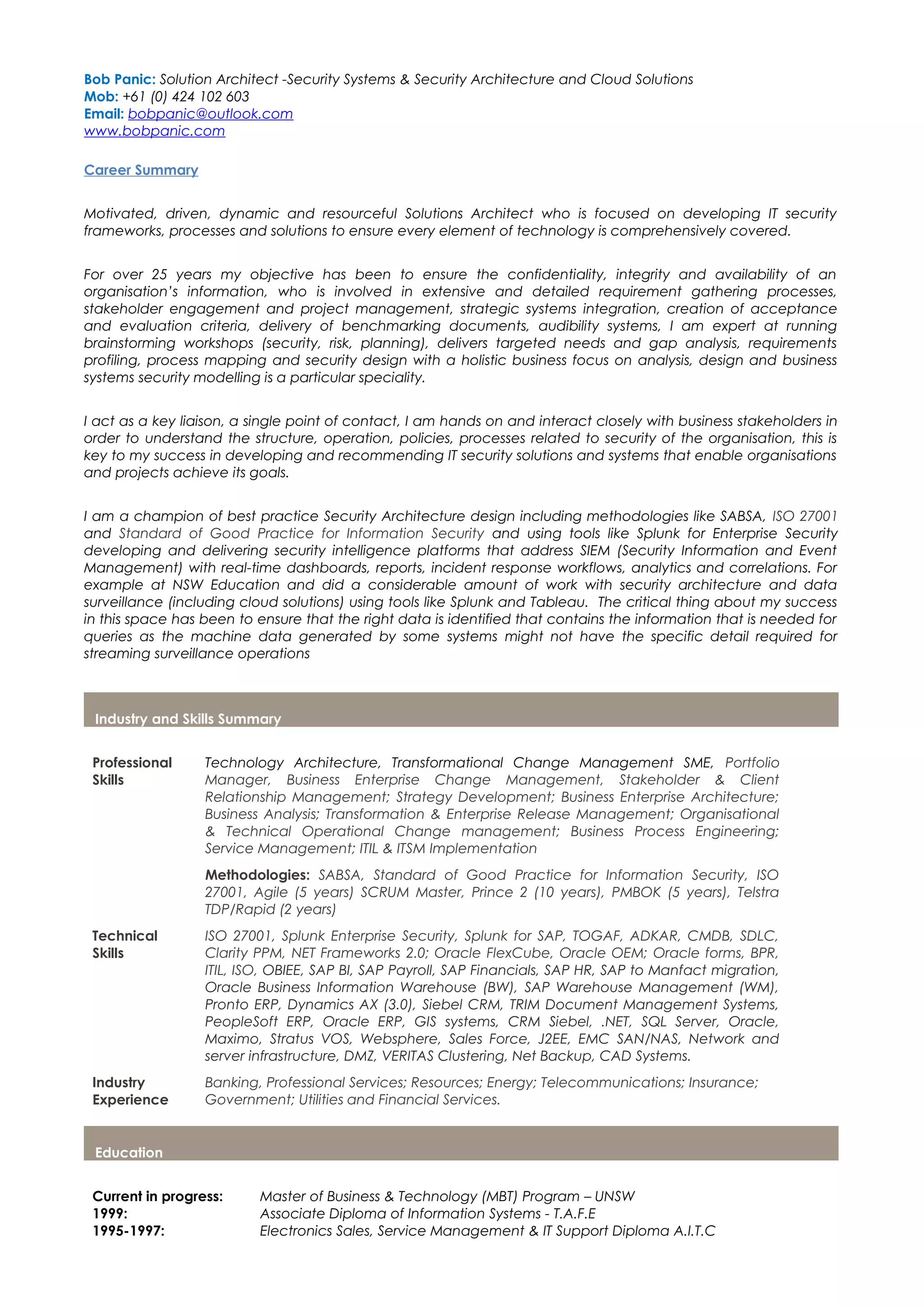 Bob panic solution architect - enterprise it systems & security architecture and cloud solutions ...