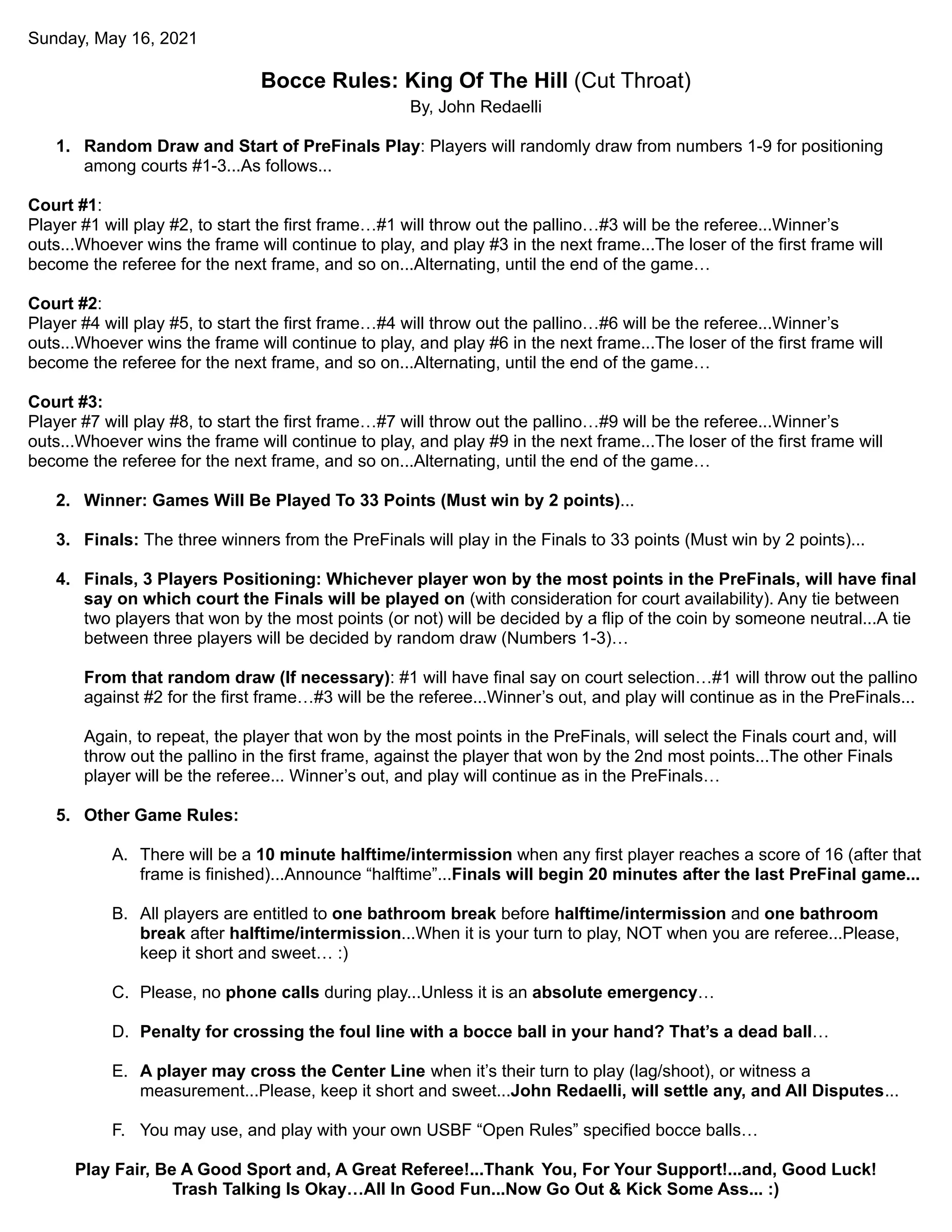 Bocce Rules King of the Hill (cut throat) By, John Redaelli | PDF