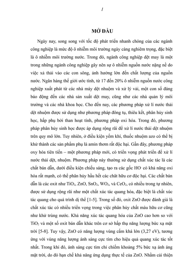 Báo cao NCKH về nano ZnO -Pr phân hủy MB | DOCX