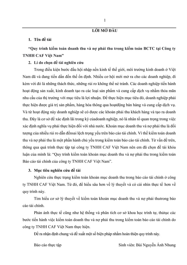 BCTT - Quy Trình Kiểm Toán Doanh Thu Và Nợ Phải Thu Trong Kiểm Toán Báo Cáo Tài Chính Tại Công ...