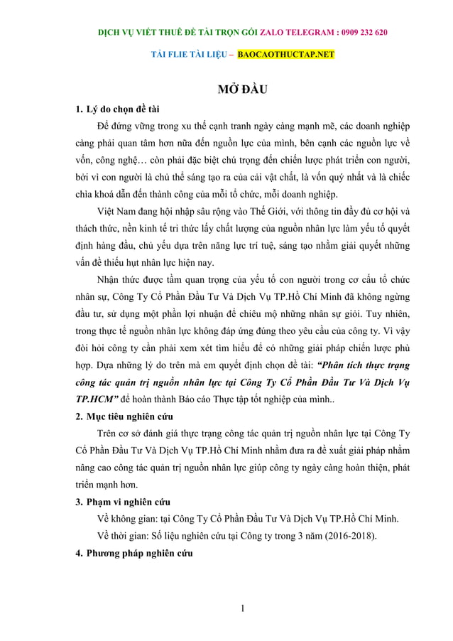 Báo Cáo Thực Tập Công Tác Quản Trị Nguồn Nhân Lực Tại Công Ty Đầu Tư Và Dịch Vụ | DOCX