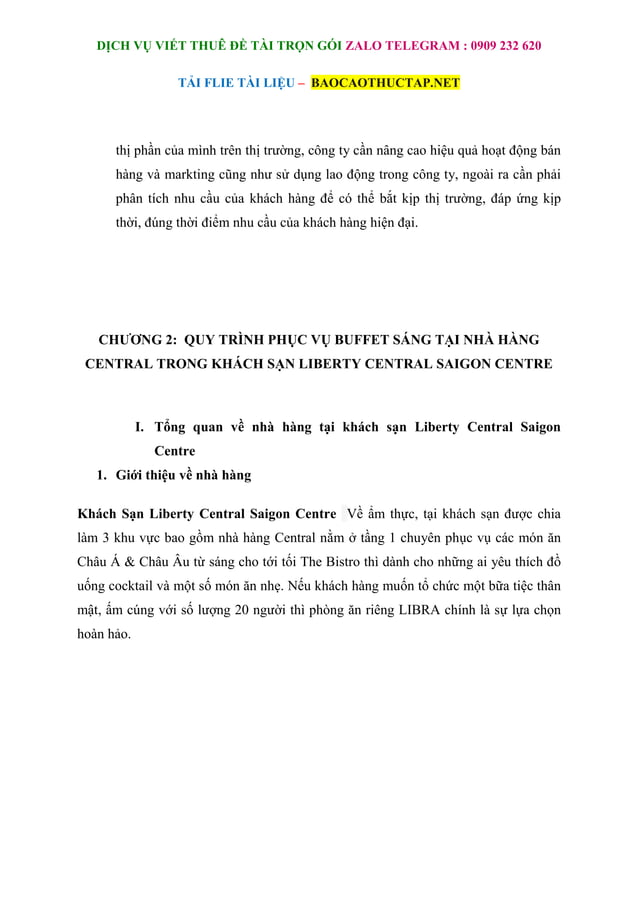 Báo Cáo Thực Tập Quy Trình Phục Vụ Buffet Sáng Tại Nhà Hàng Central | DOCX