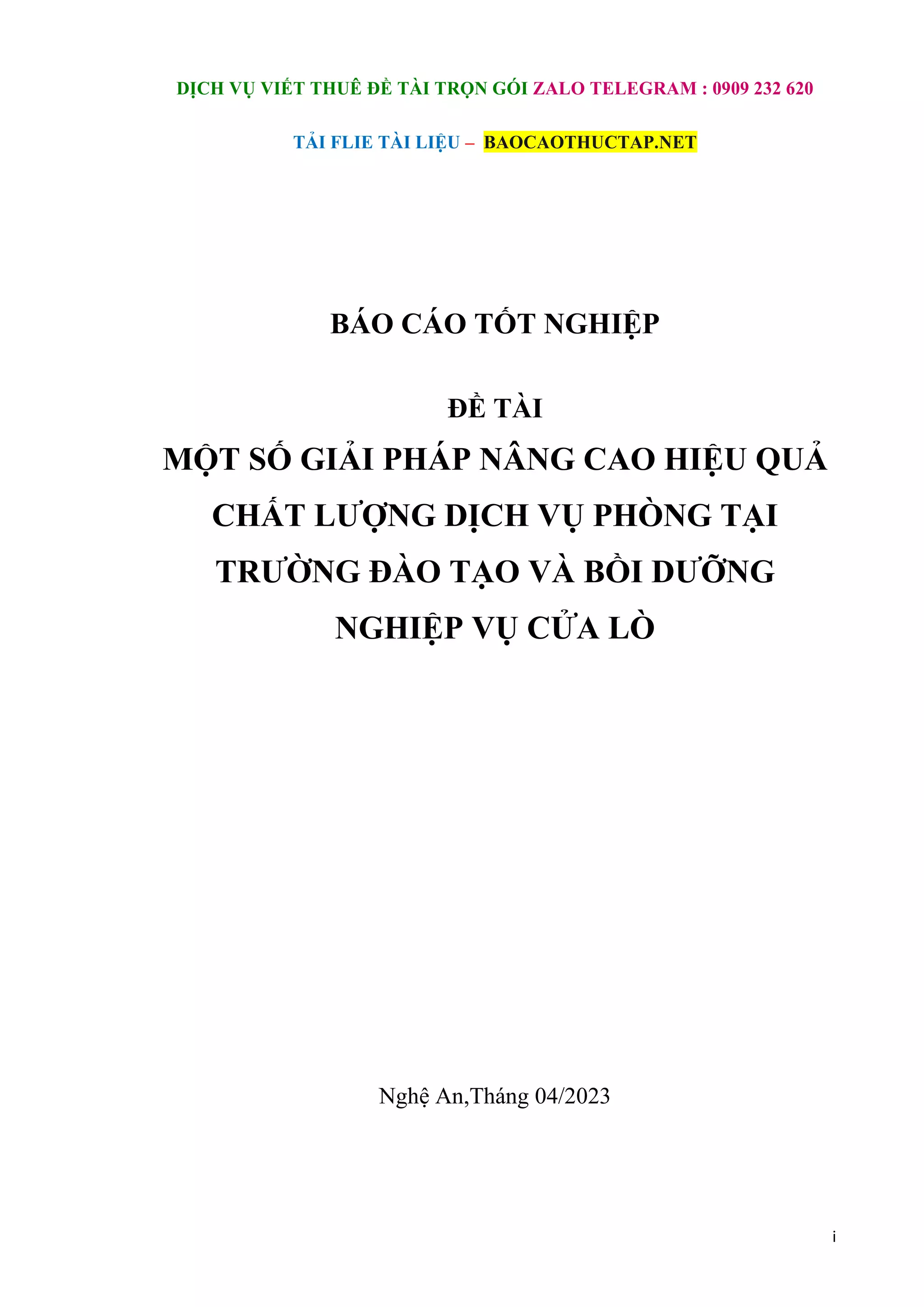 Báo Cáo Tốt Nghiệp Một Số Giải Pháp Nâng Cao Hiệu Quả Chất Lượng Dịch Vụ Phòng Tại Trường | PDF