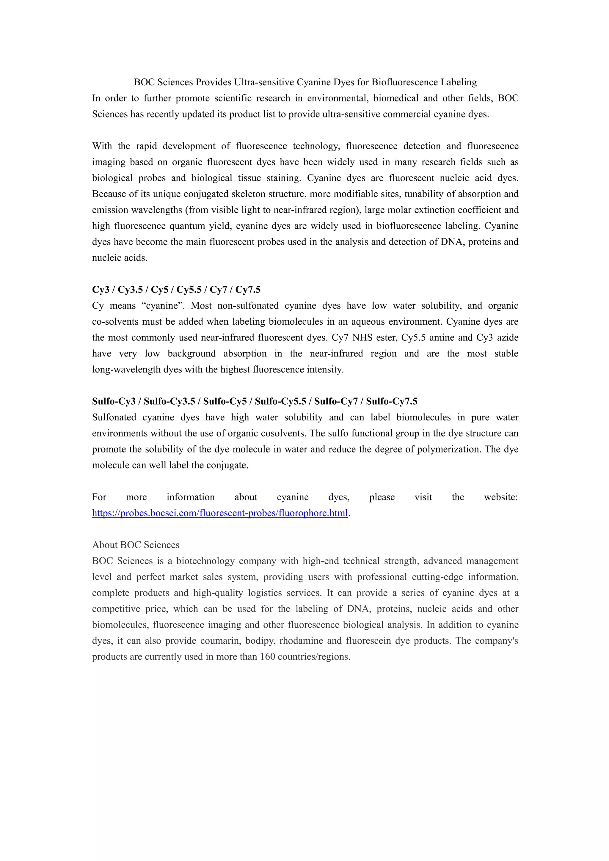 BOC Sciences Provides Ultra-sensitive Cyanine Dyes for Biofluorescence ...