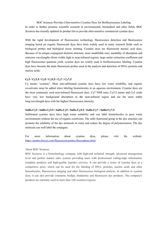 BOC Sciences Provides Ultra-sensitive Cyanine Dyes for Biofluorescence Labeling | PDF