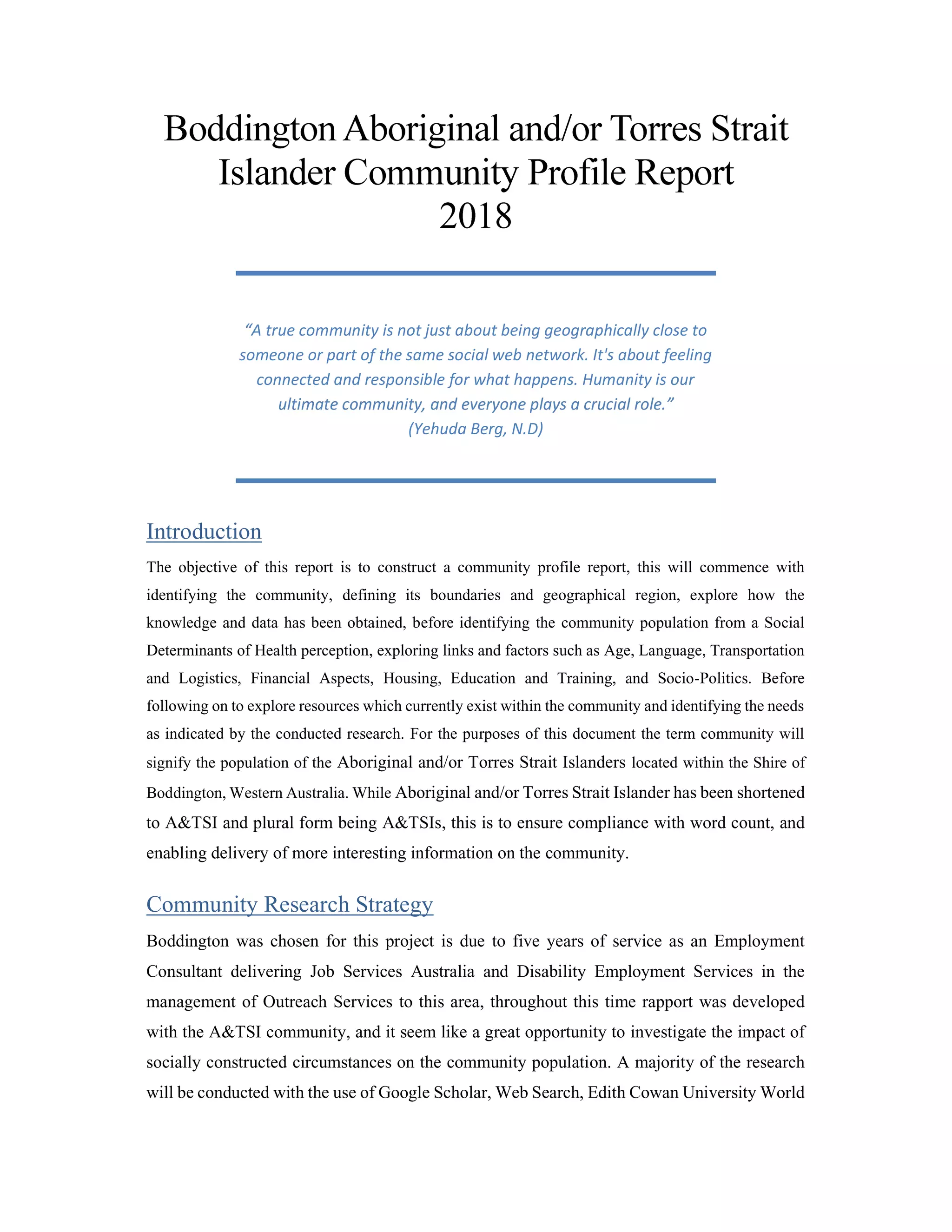 Boddington Aboriginal and TSI Community Profile Report 2018 | PDF