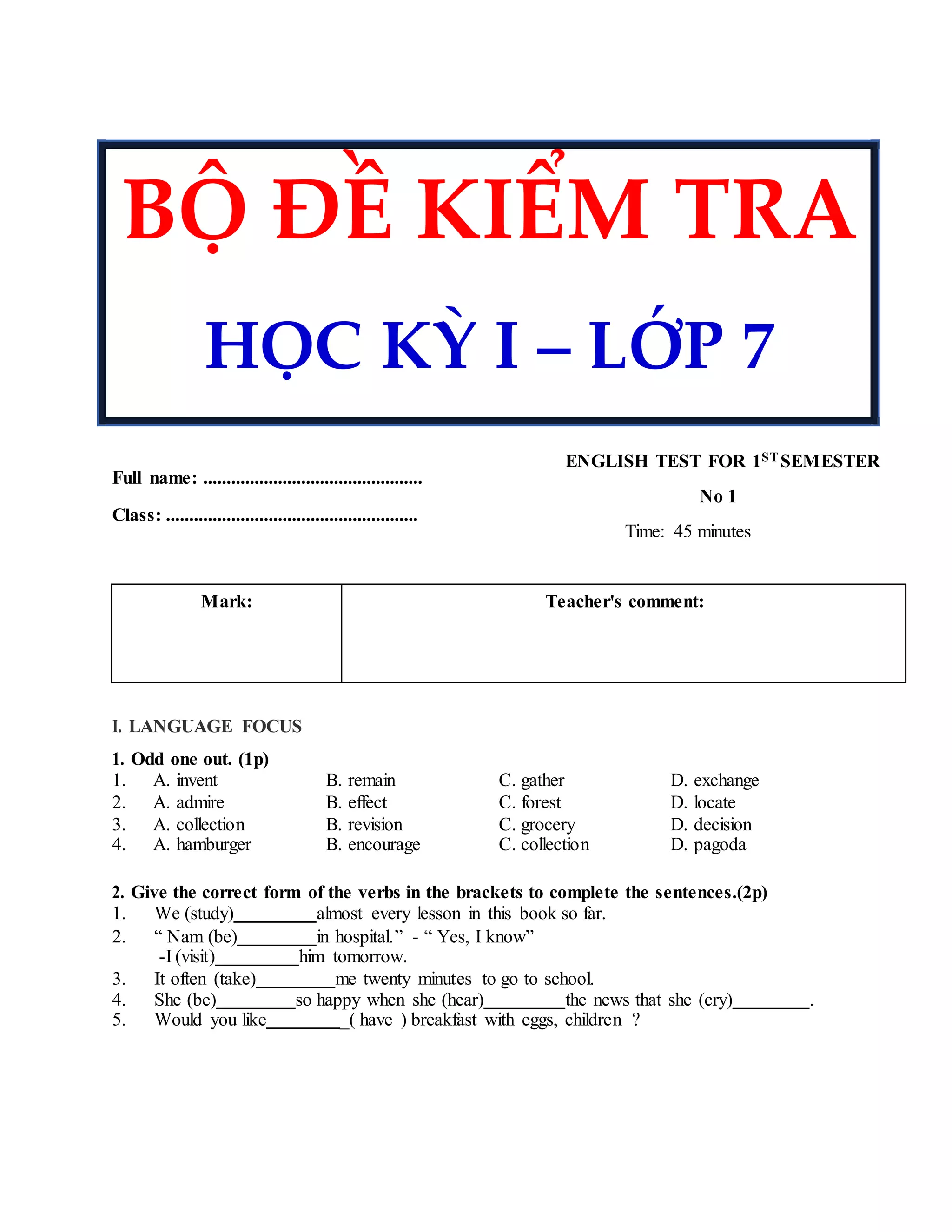 bo-de-kiem-tra-tieng-anh-lop-7-hoc-ki-1 | PDF
