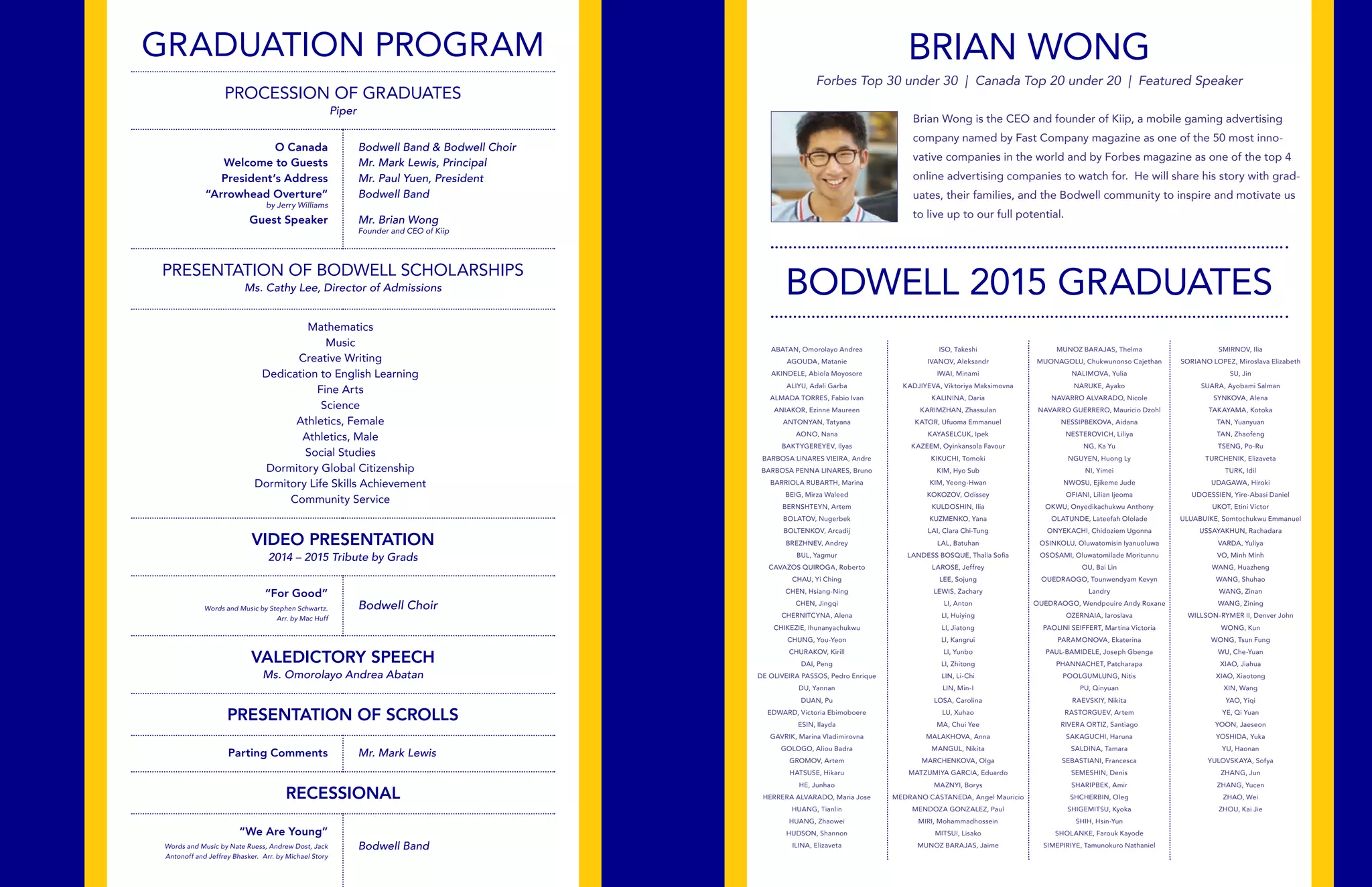 Bodwell Graduation 2015 Program & Schedule of Events | PDF