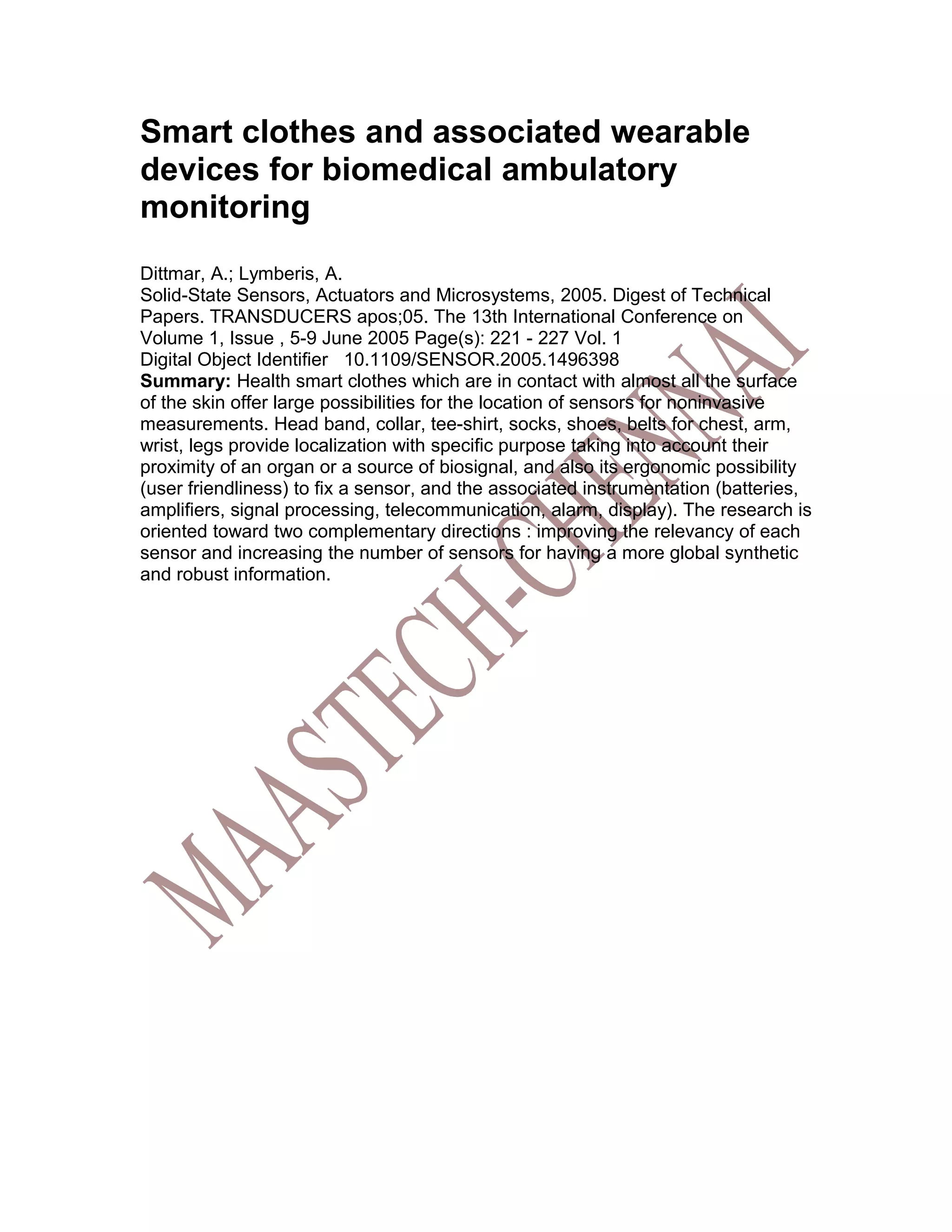 BIOMEDICAL PROJECT ABSTRACT:Smart clothes and associated wearable ...