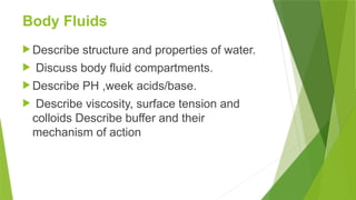 The Body fluids lecture two biochemistry | PPTX