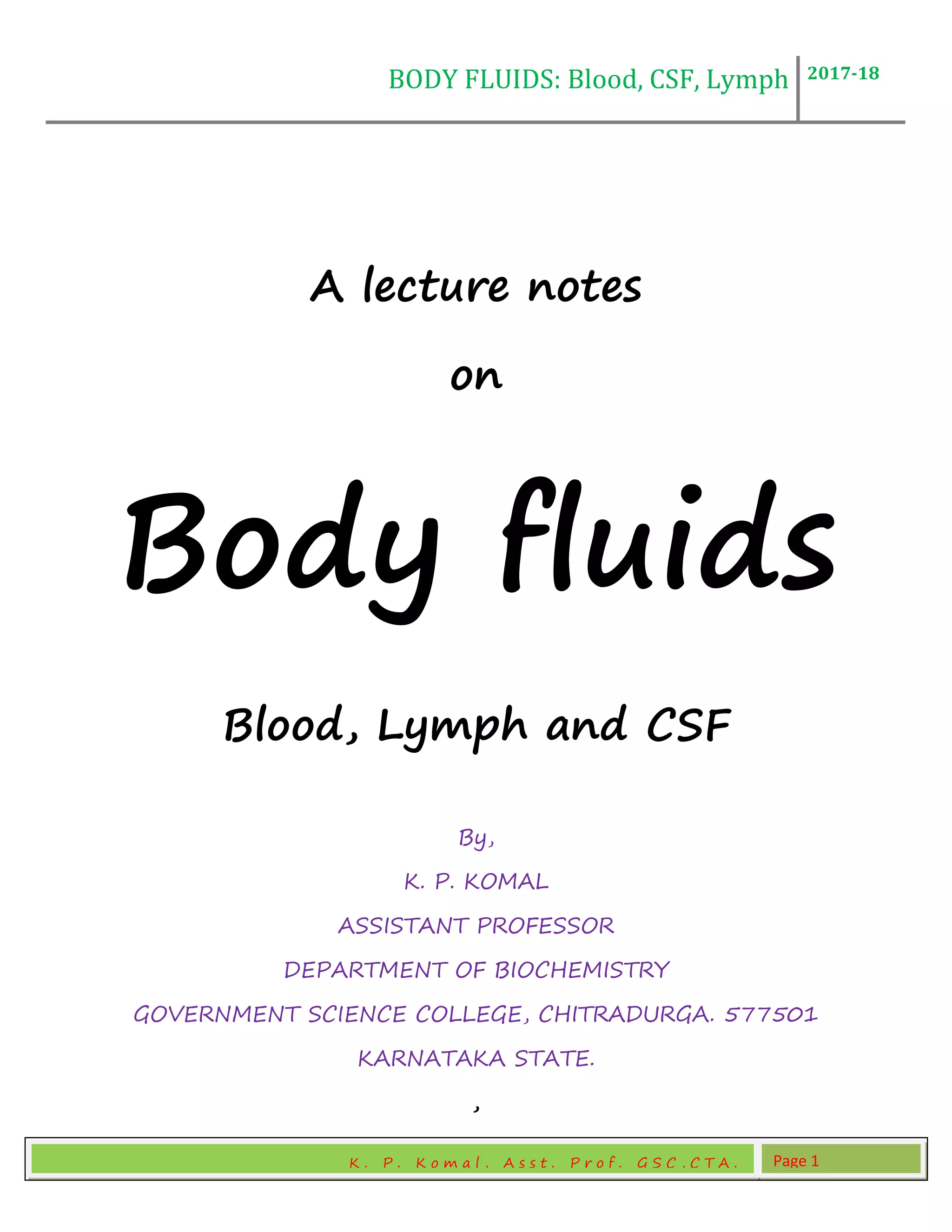 Body fluids- CSF, Lymph and Blood | PDF
