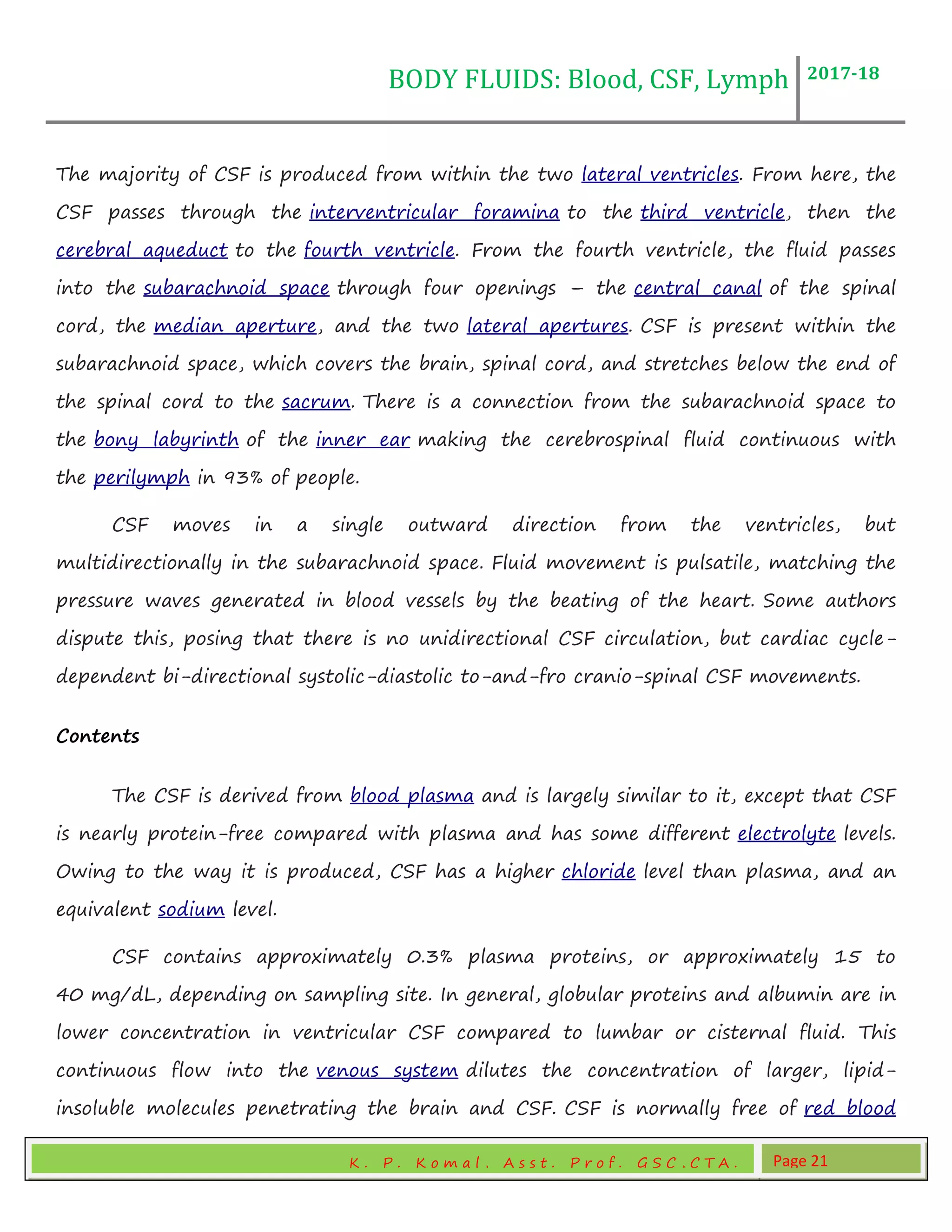 Body fluids- CSF, Lymph and Blood | PDF