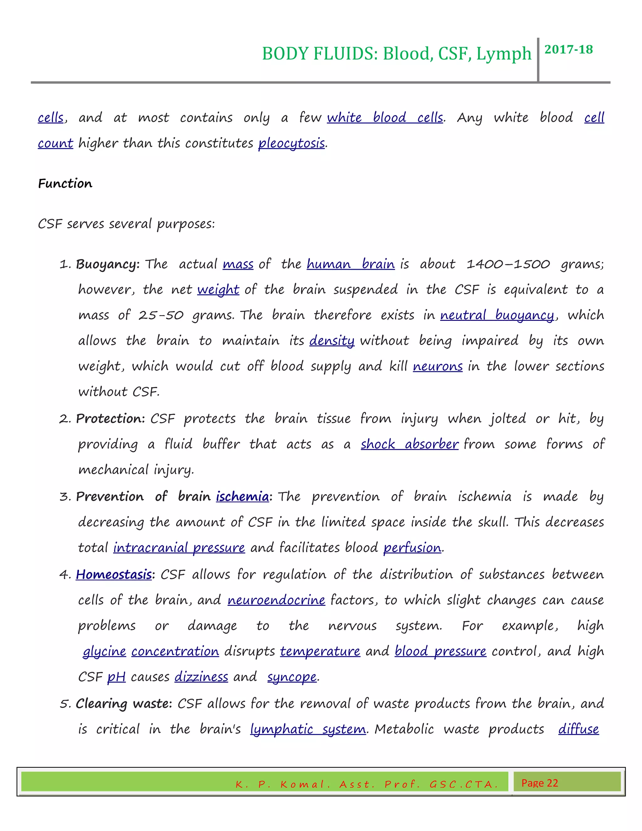 Body fluids- CSF, Lymph and Blood | PDF