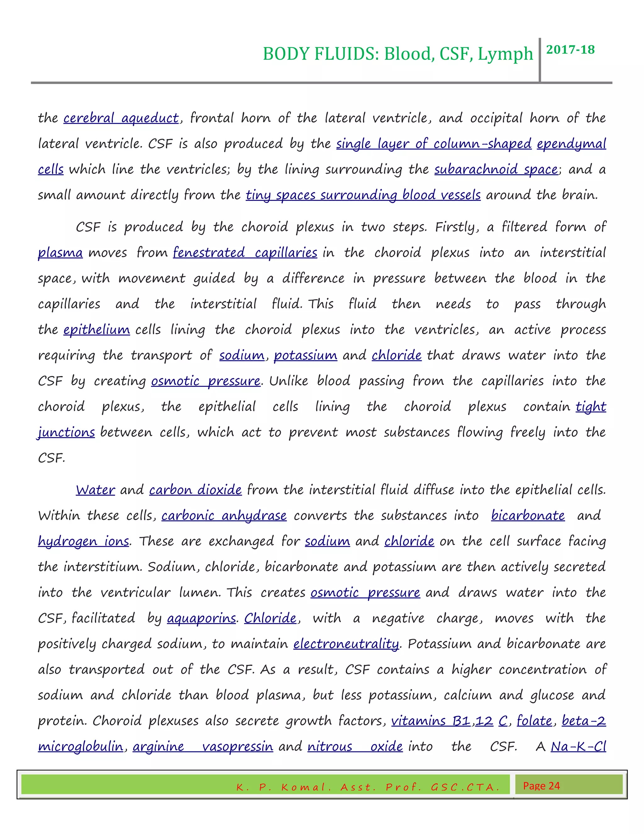 Body fluids- CSF, Lymph and Blood | PDF