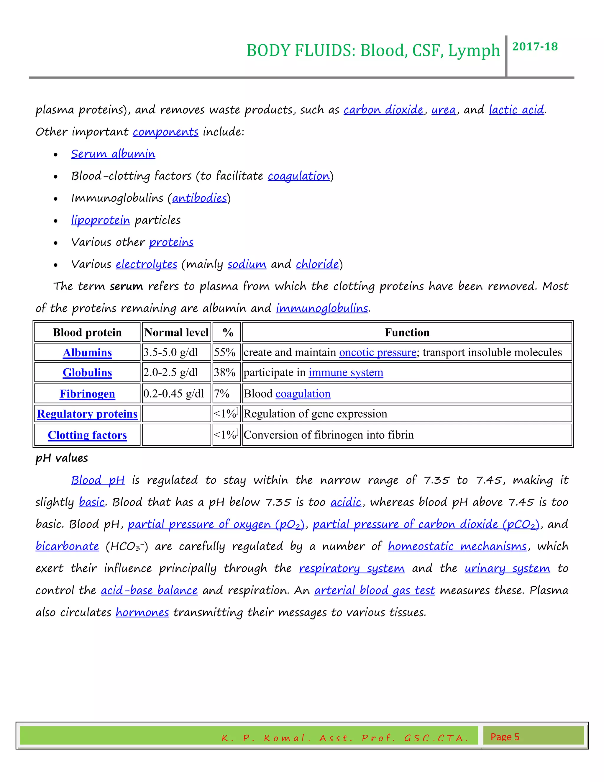 Body fluids- CSF, Lymph and Blood | PDF