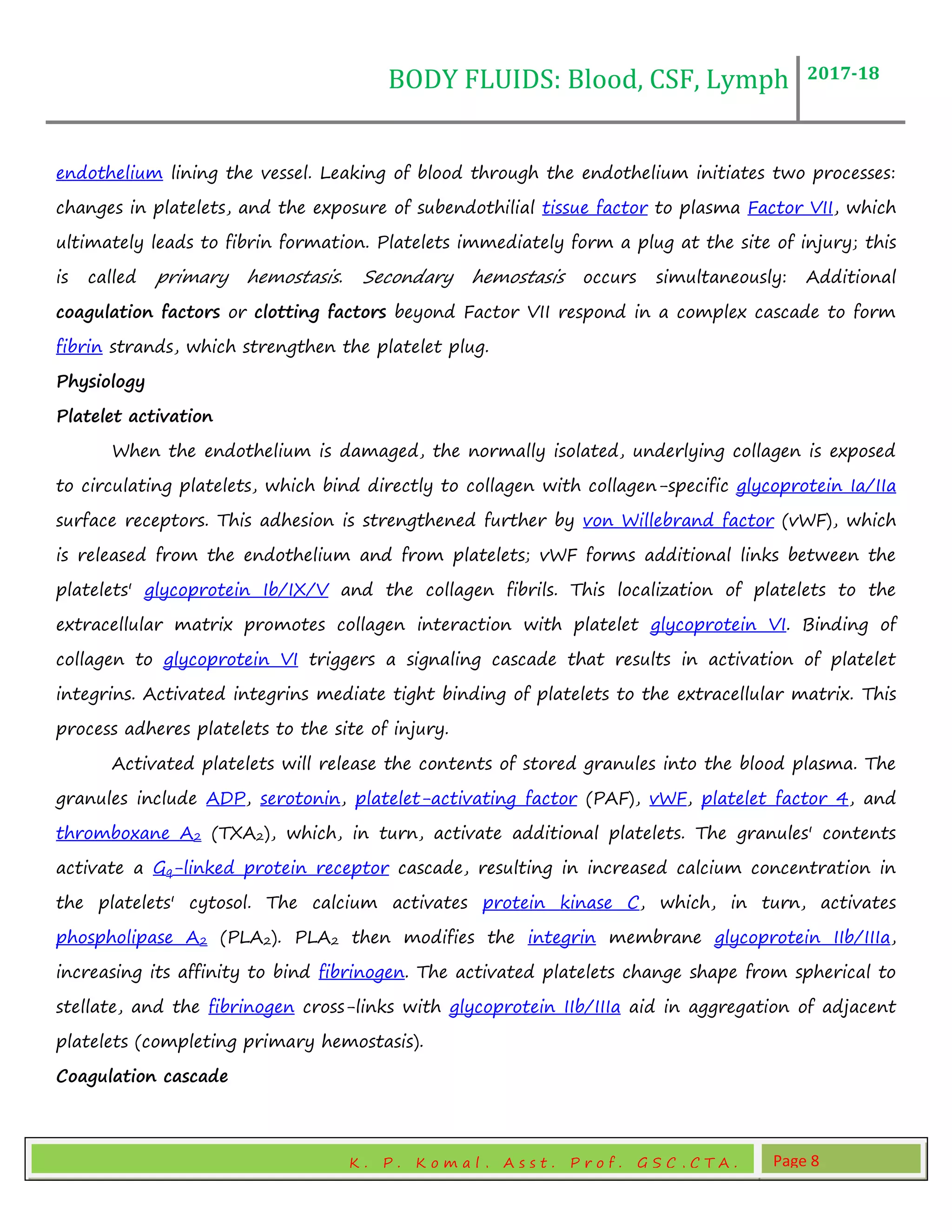 Body fluids- CSF, Lymph and Blood | PDF