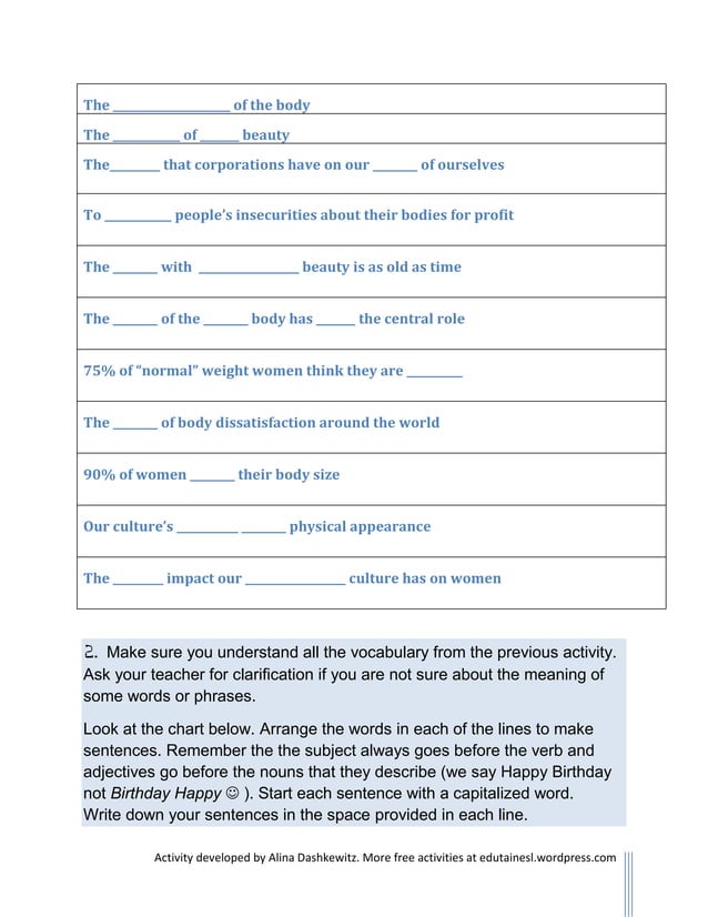 Body Image and Appearance - Vocabulary Activities