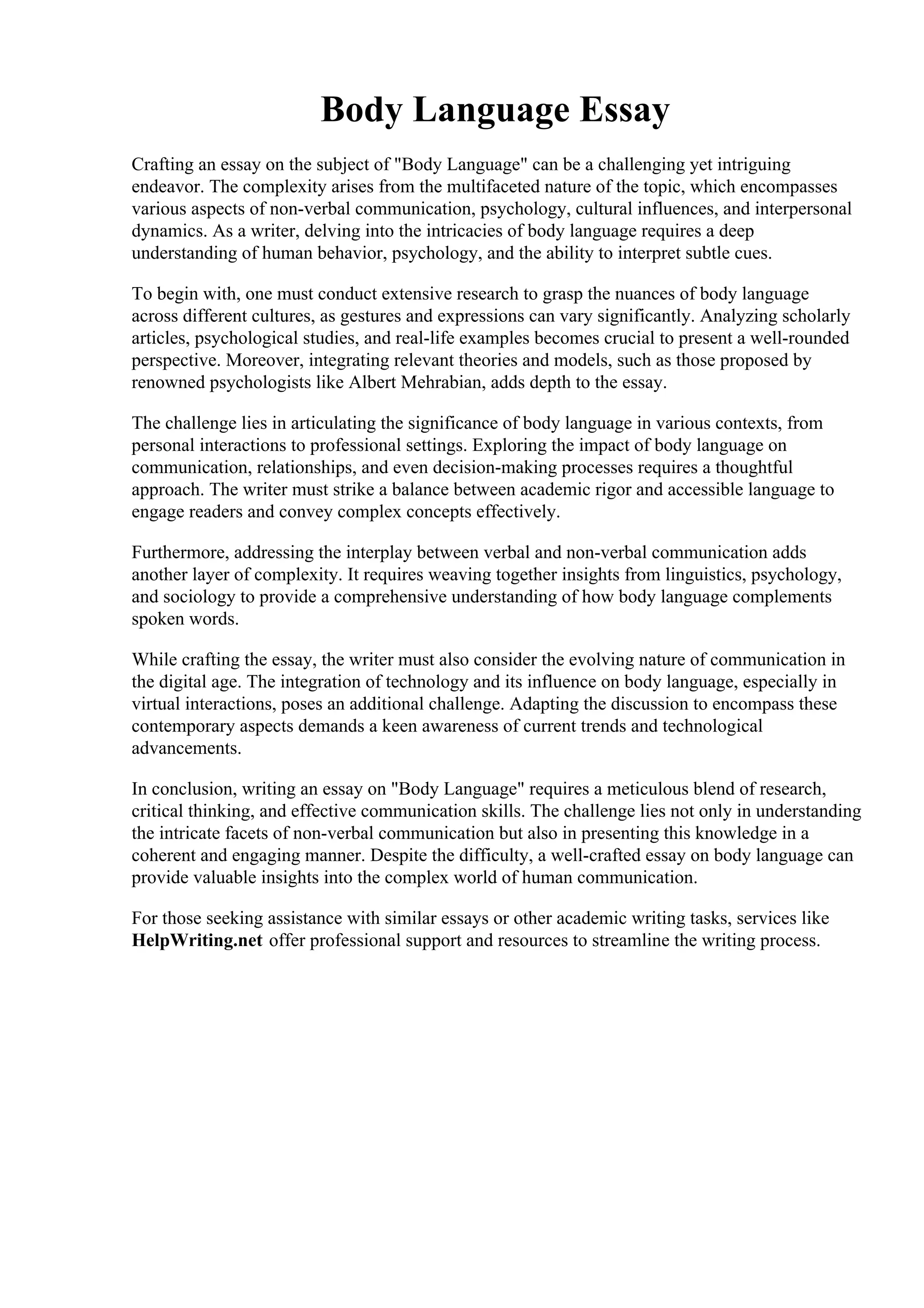 Body Language Essay. . Body Language Body Language Psychological ...