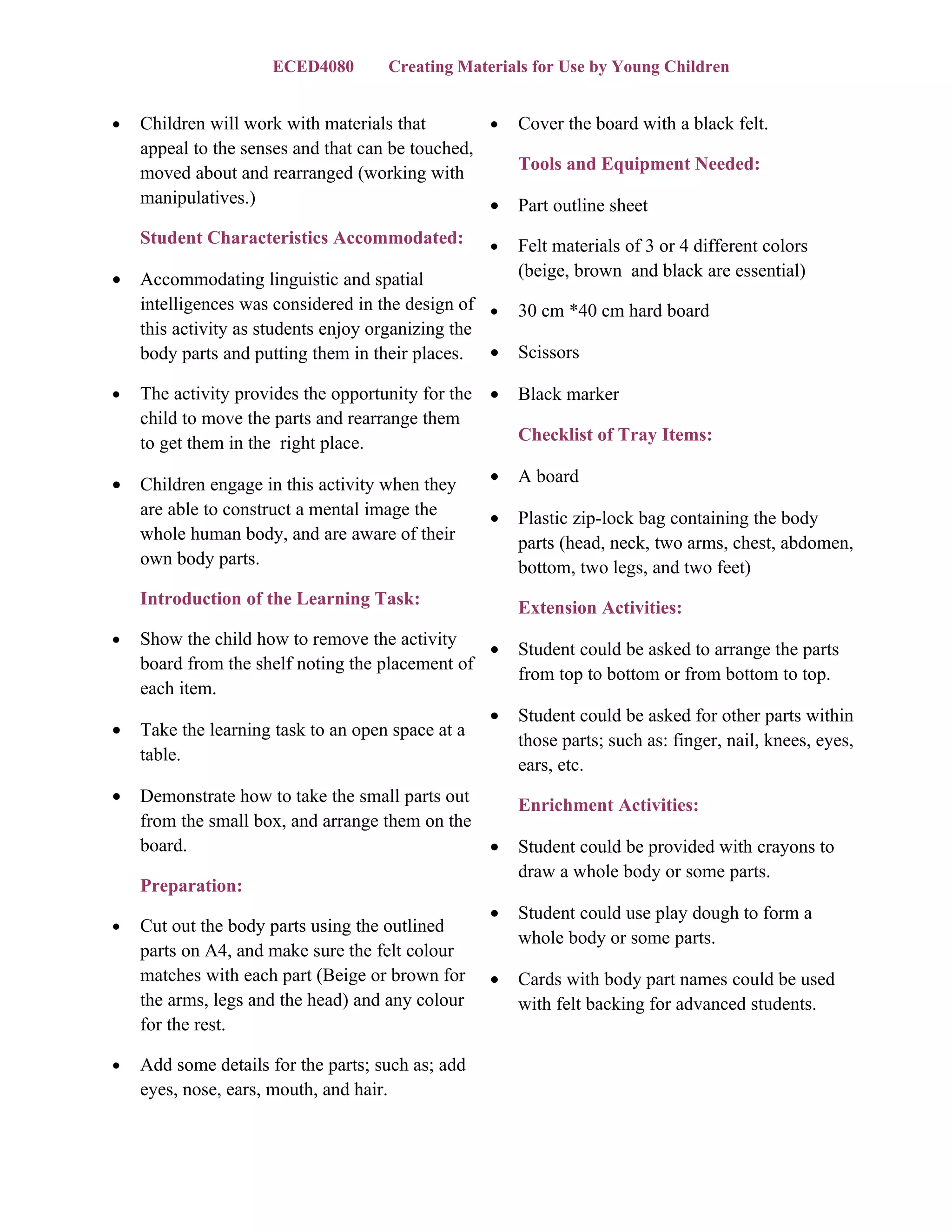 Body parts learning task | PDF