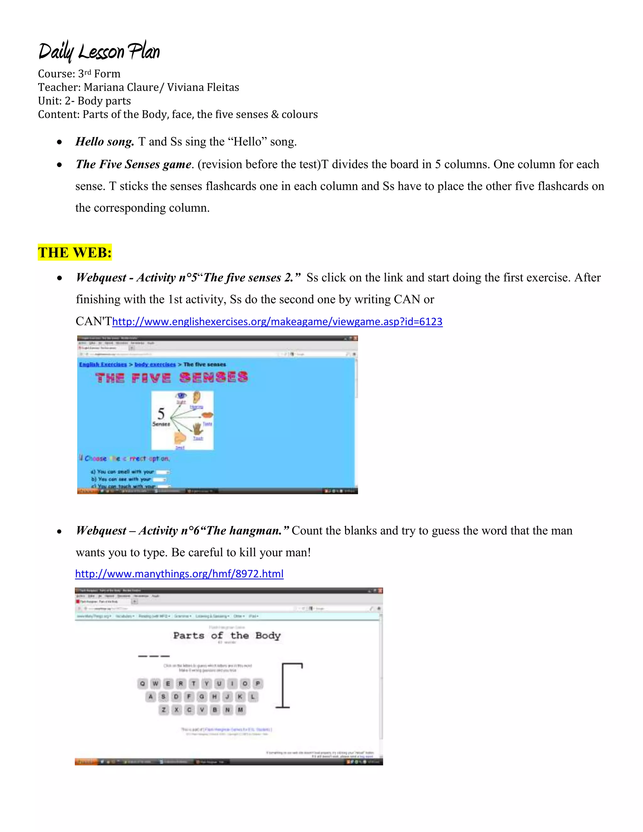 Body parts lesson plan | DOCX | Education