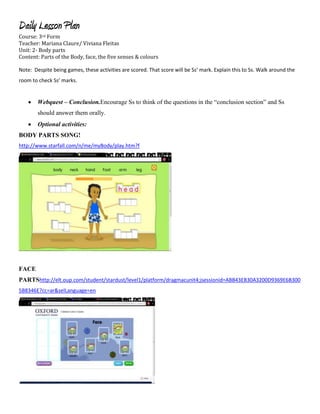 Body parts lesson plan | DOCX | Education