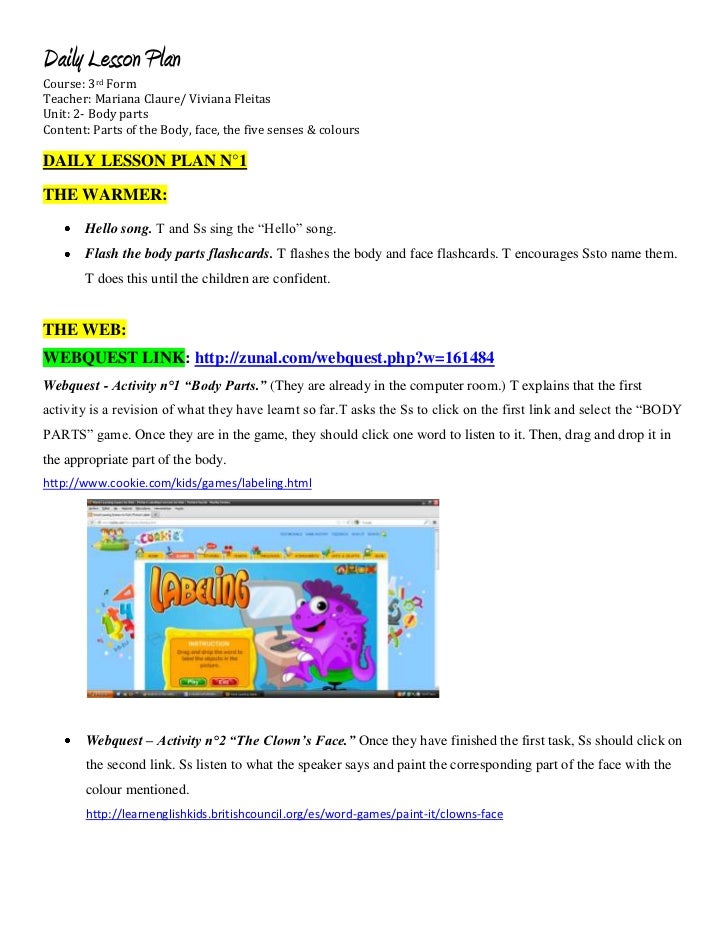 Body Parts Lesson Plan Body Parts Lesson Plan