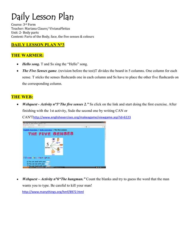 Body parts lesson plan | DOCX | Education