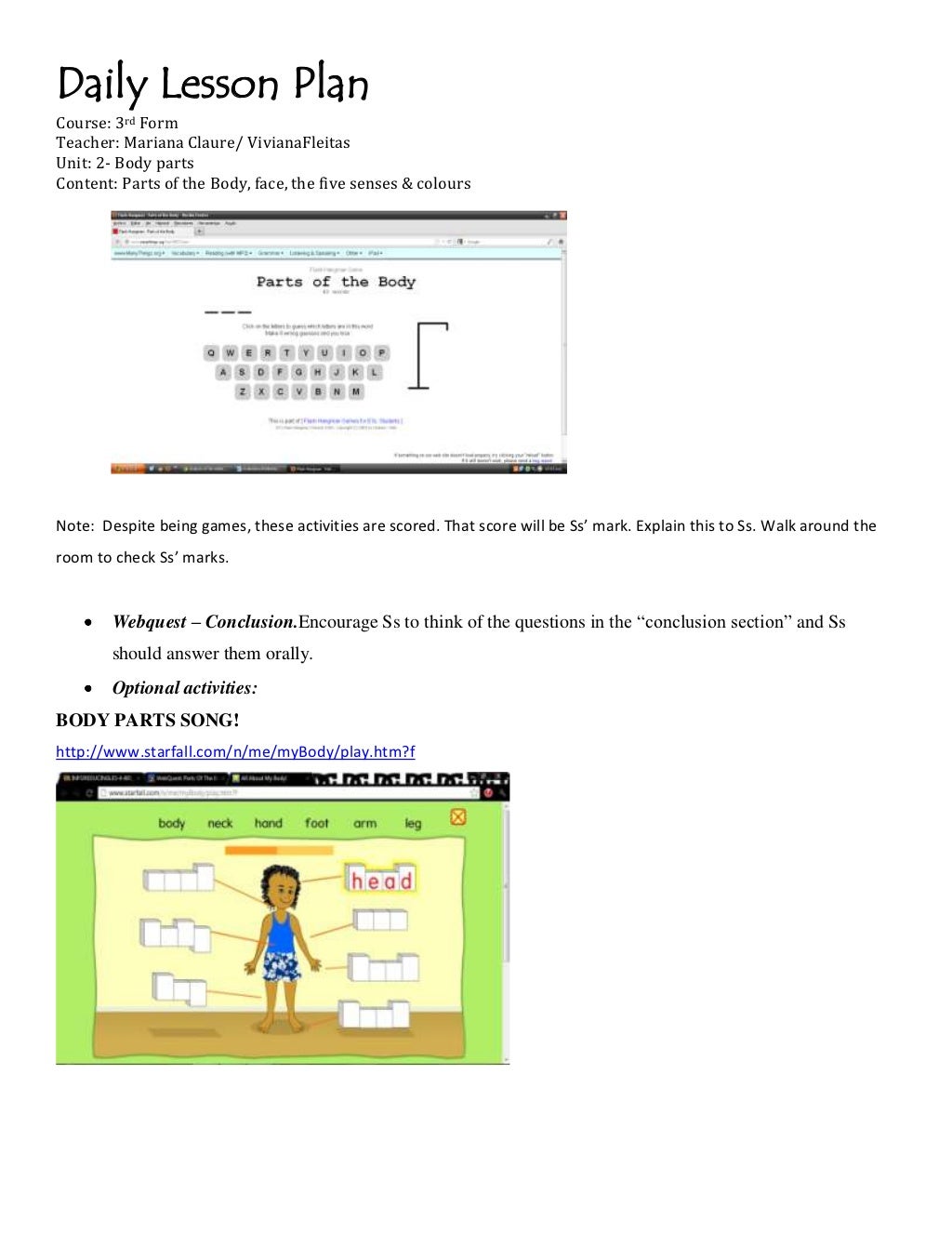 Body Parts Lesson Plan Body Parts Lesson Plan