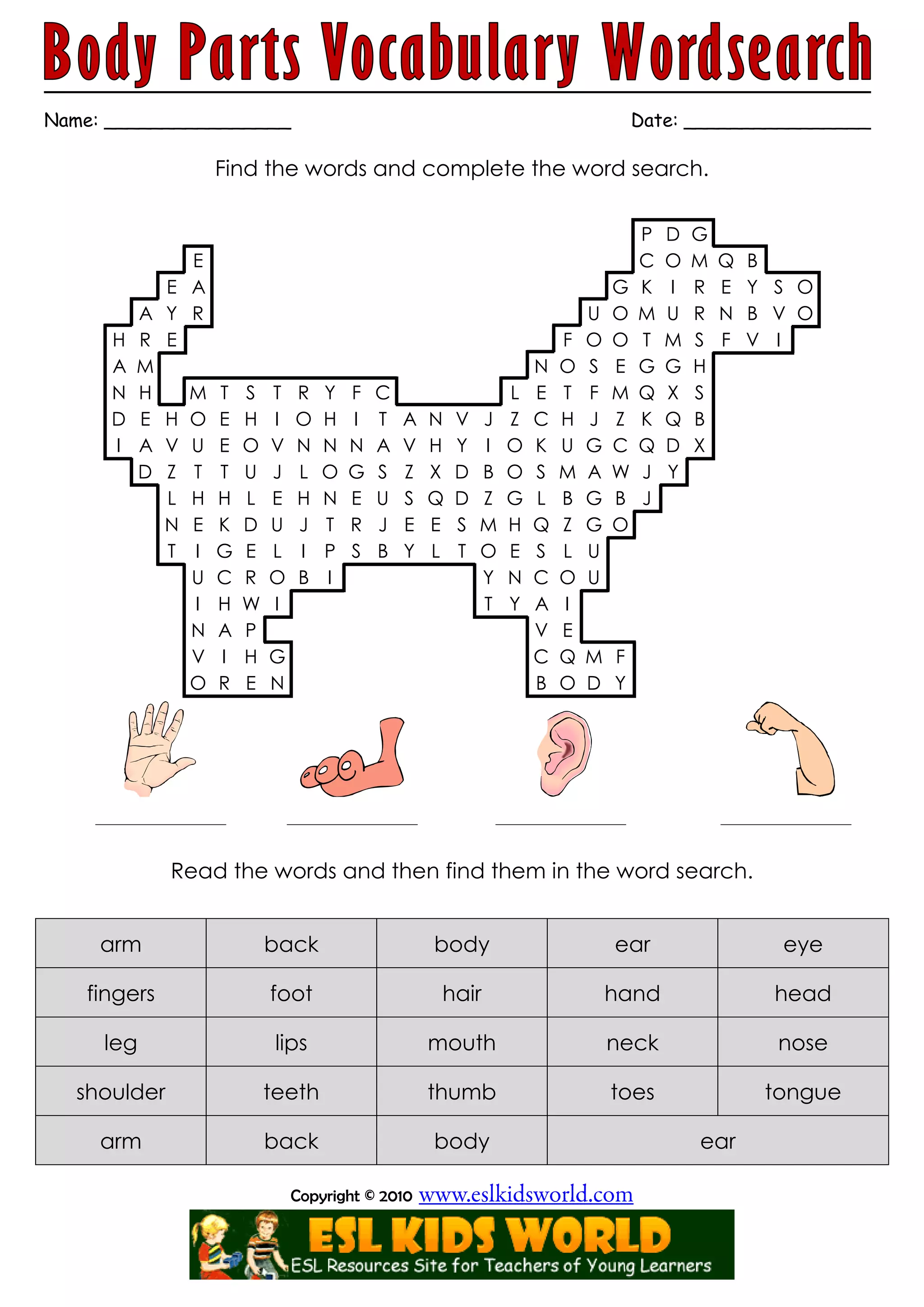 Body parts vocabulary wordsearch | PDF | Ear, Nose and Throat ...